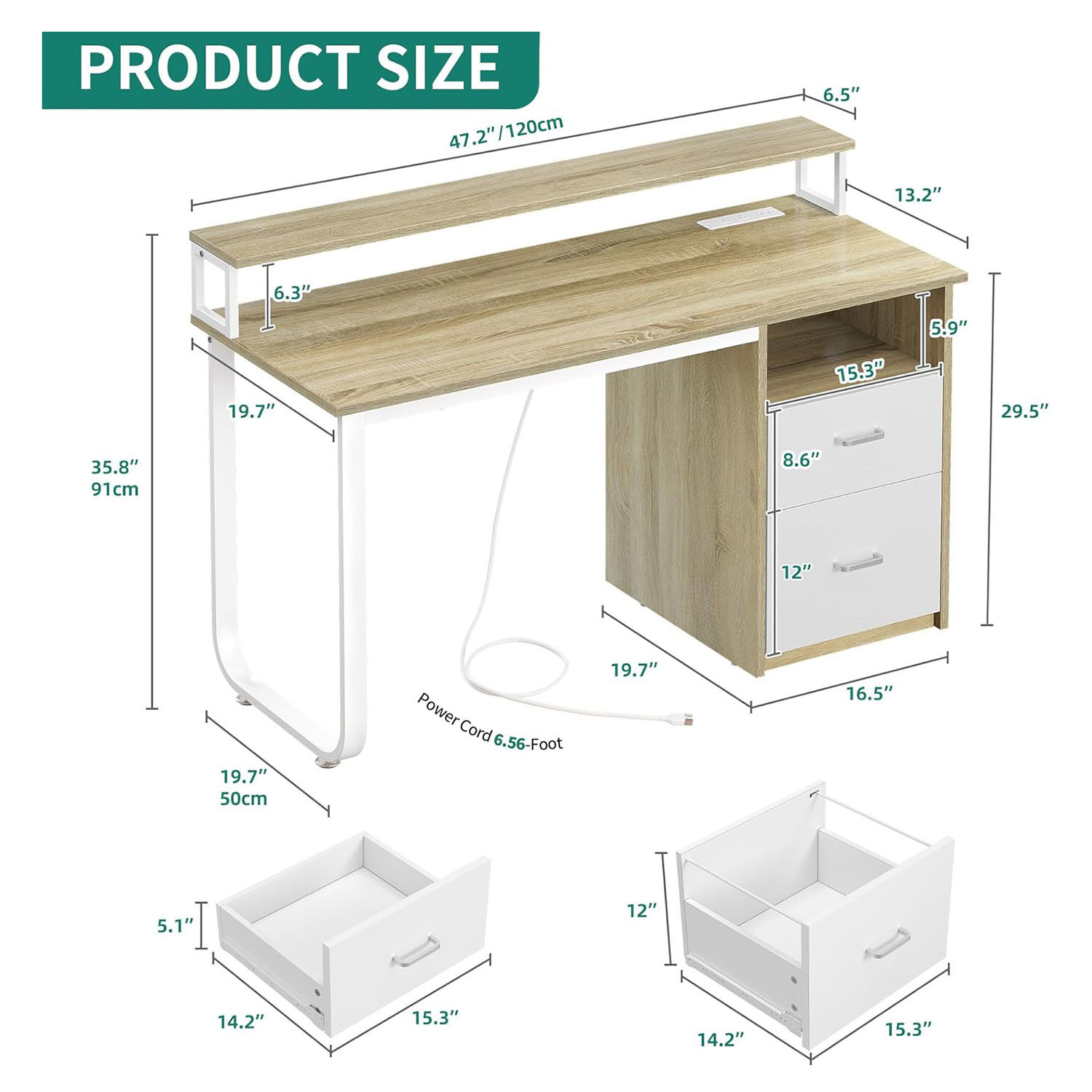 Latitude Run® Computer Desk With Drawers, 47.2" Office Desk With Power ...
