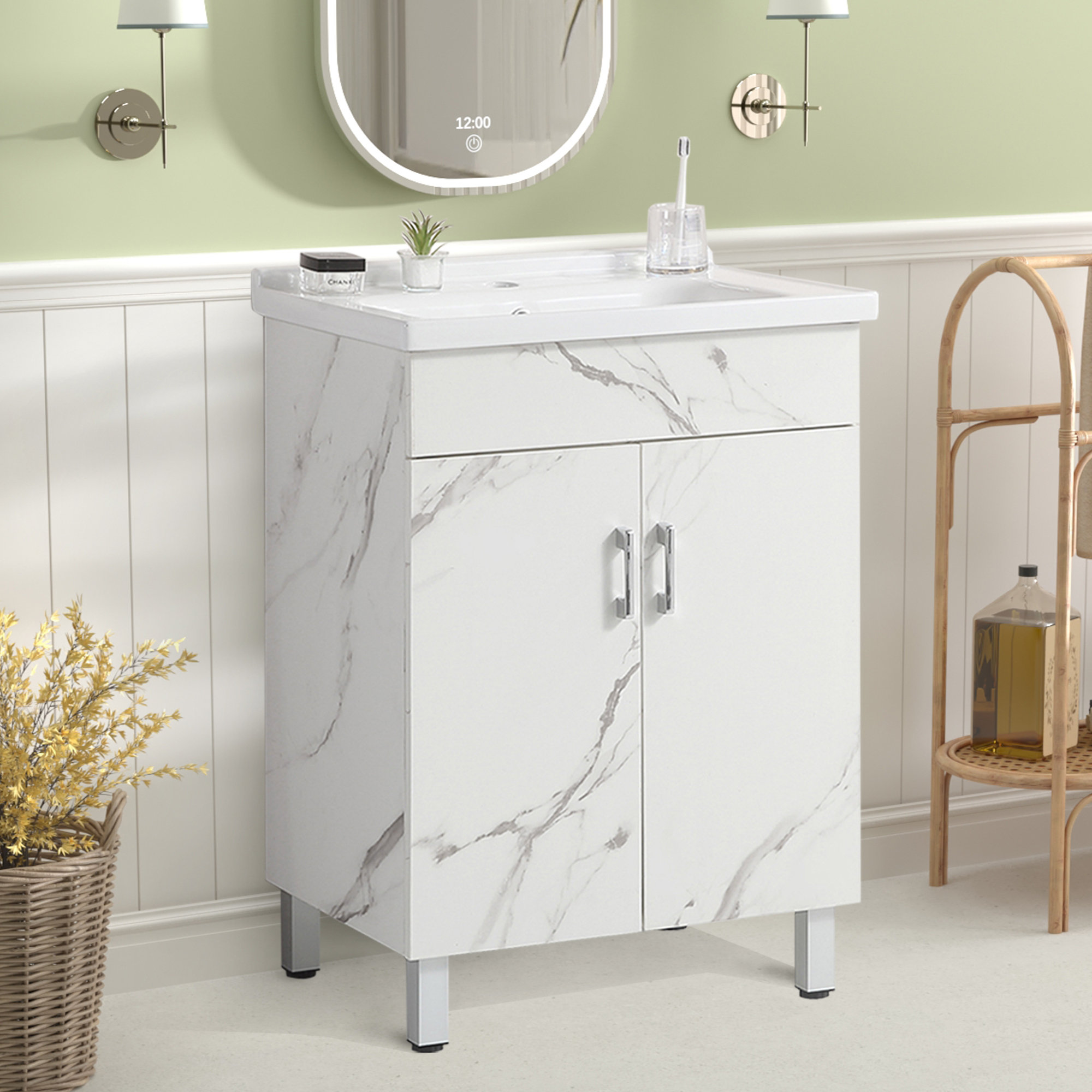 Wrought Studio™ 24-inch marble-textured bathroom cabinet with ceramic ...