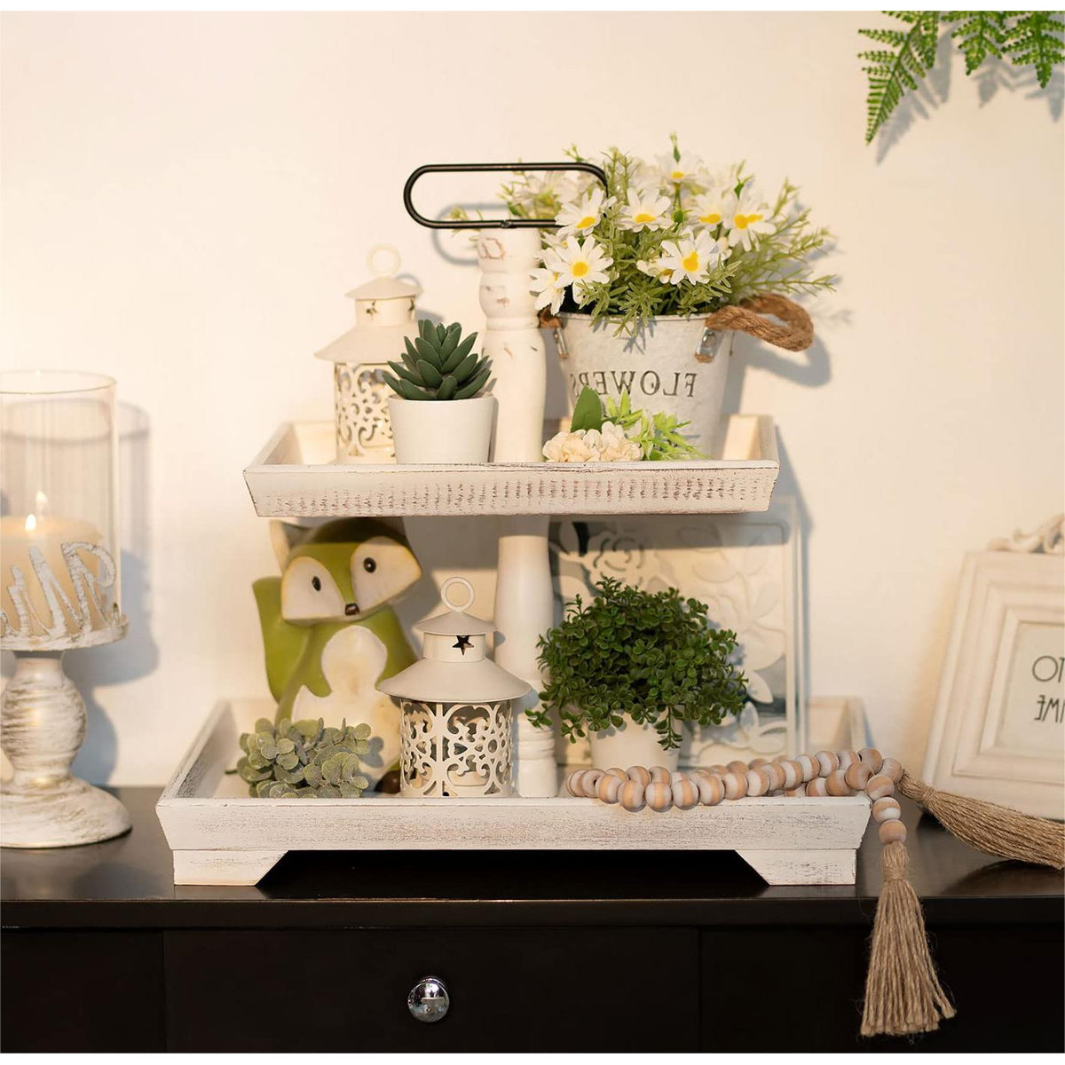 COOREL Farmhouse Tiered Tray Stand: Rustic Wood 2 Tier Serving Tray ...