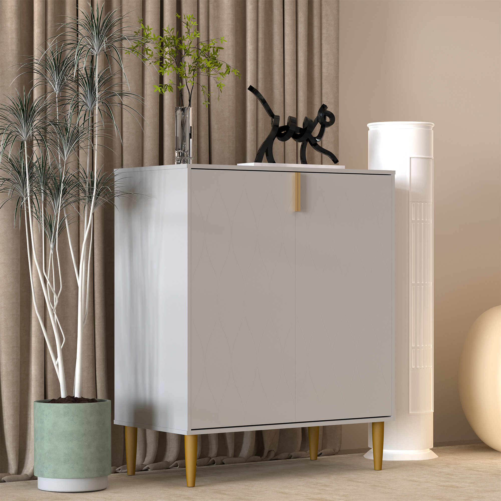 Ebern Designs Wooden Living Room Console Table Grey Carved Pattern Door ...