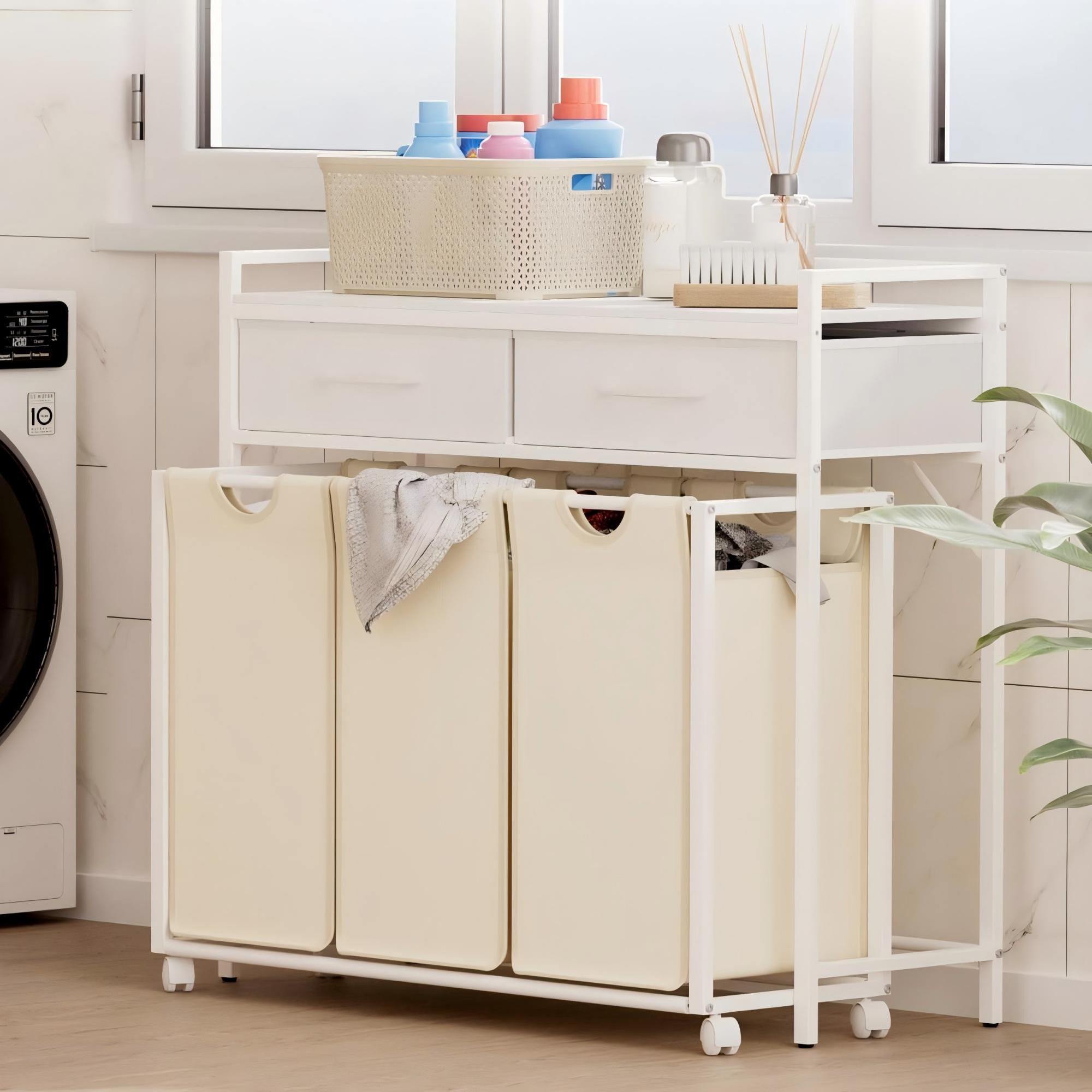 CONTIS 3-Section Laundry Cart With Ironing Shelf & Locking Drawers For ...