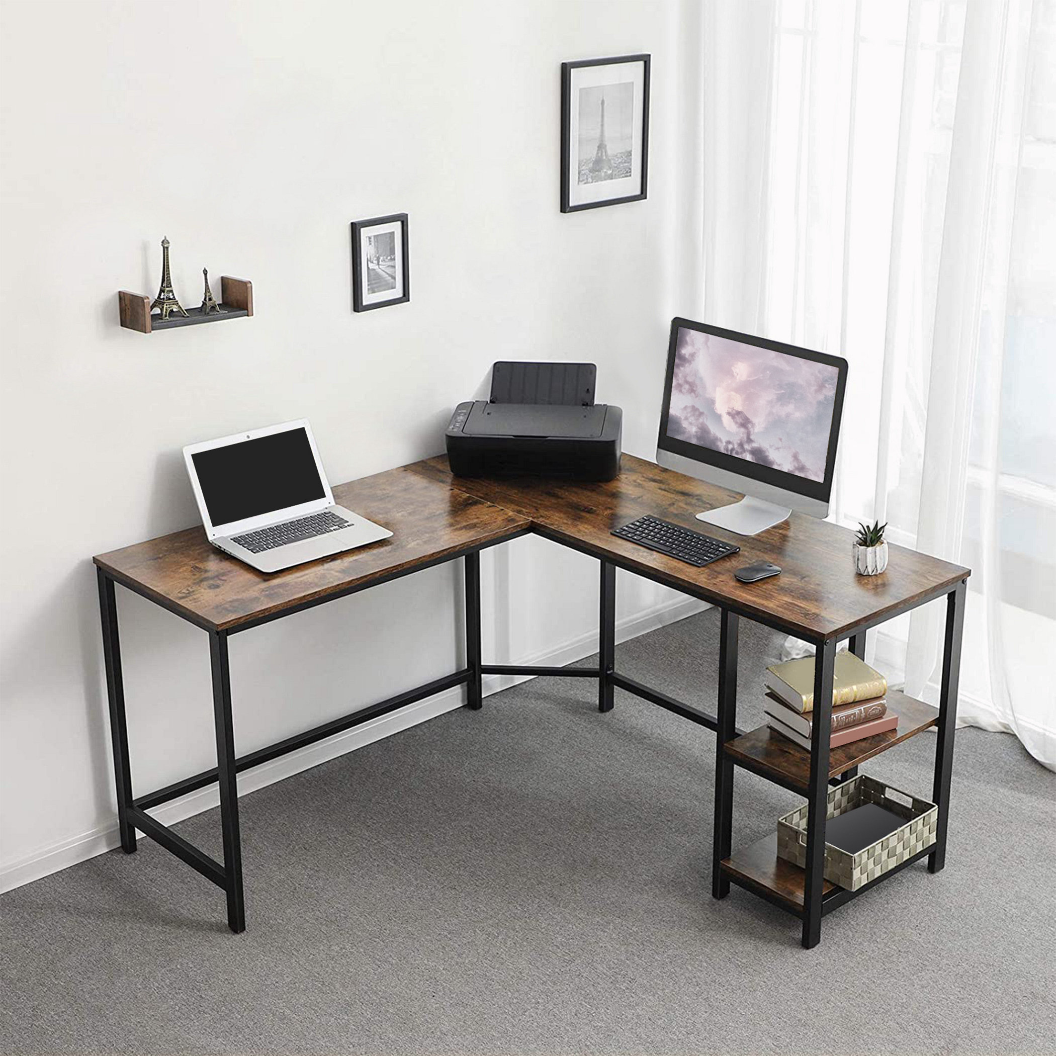 Wenty L Shape Wood And Metal Frame Computer Desk Desks With 2 Shelves ...