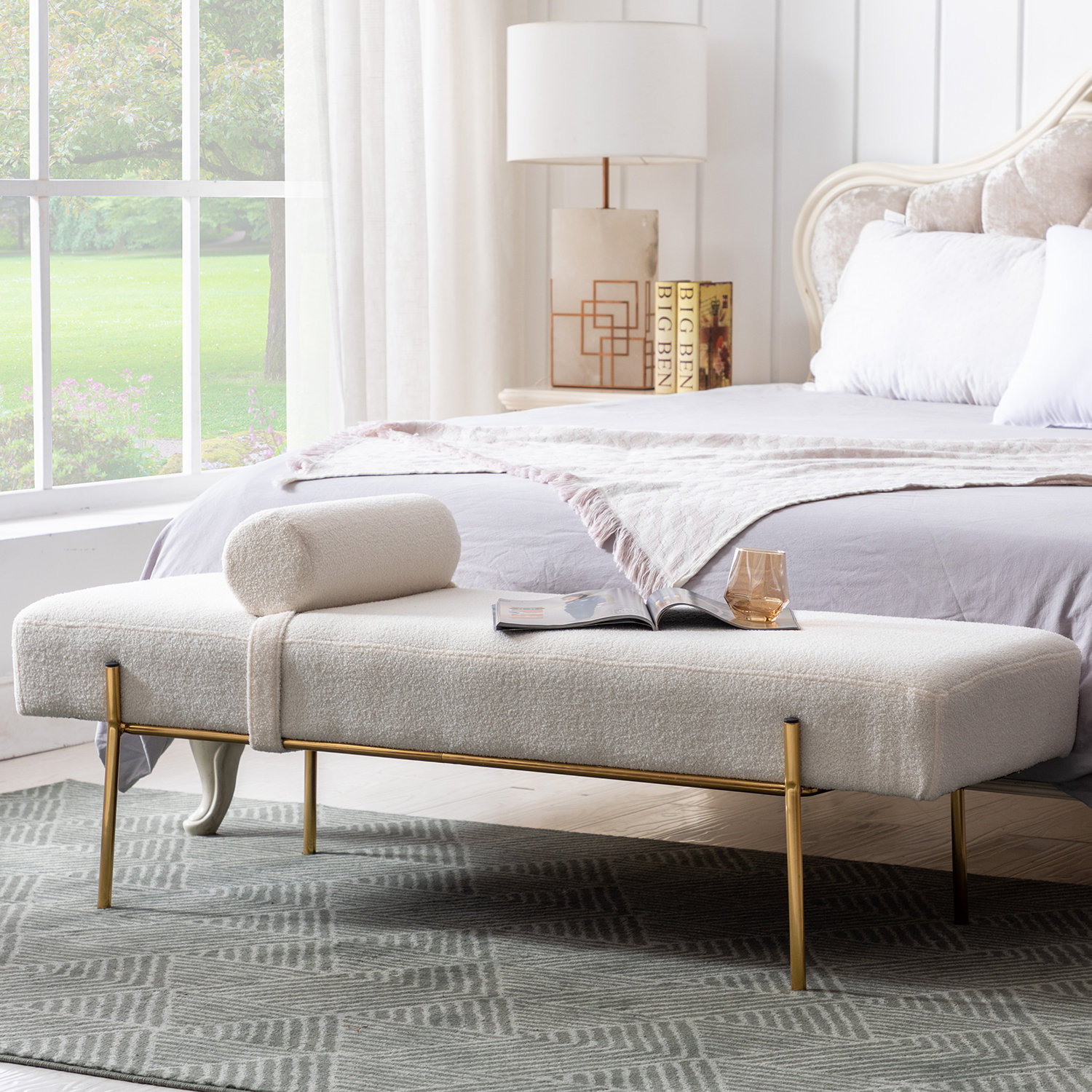 Everly Quinn Donoven White 55" End of Bed Bench, Modern Faux Fur ...