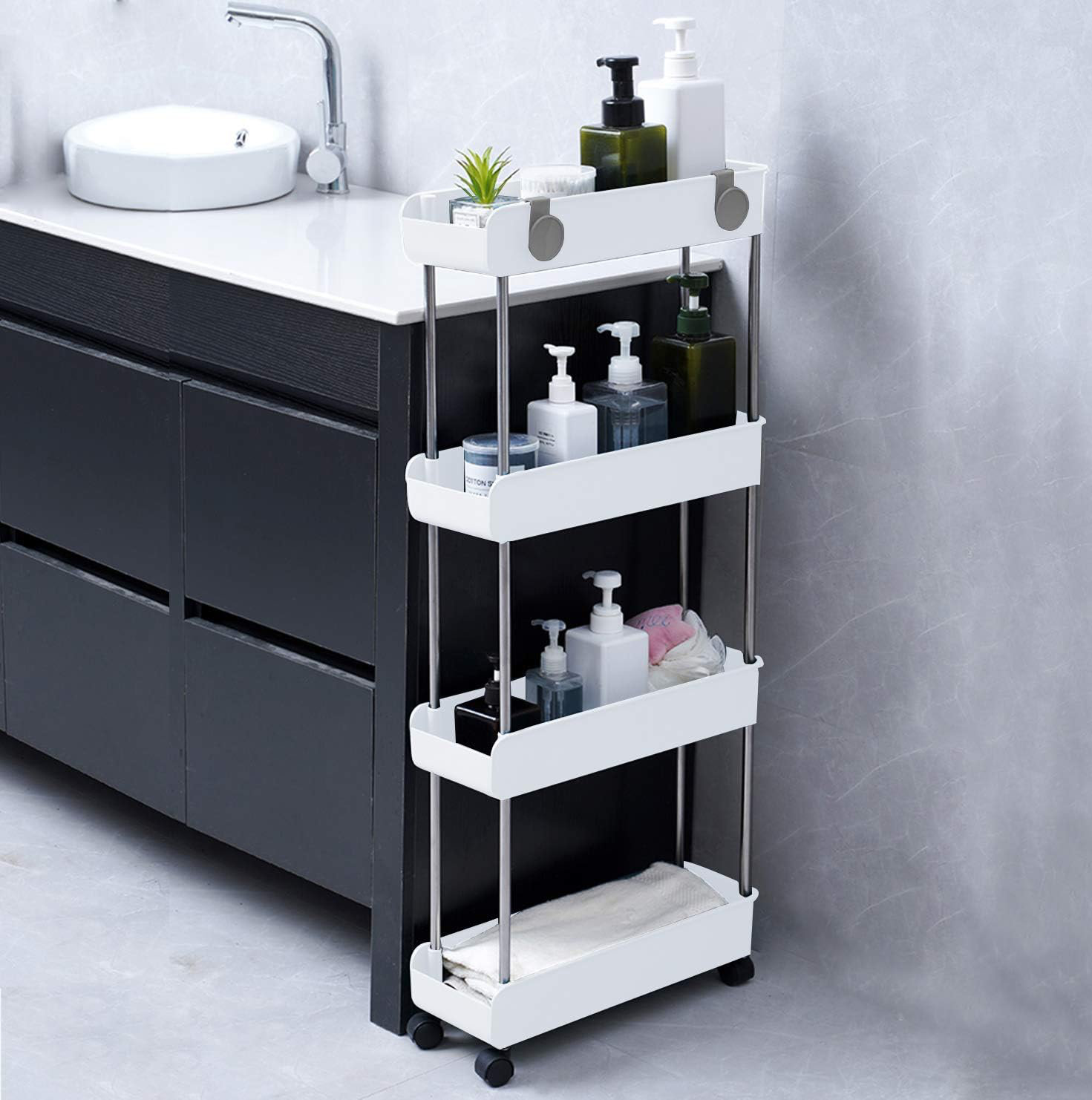 Elaine Mercure 4-Tier Slim Mobile Shelving Unit On Wheels, Slide Out ...