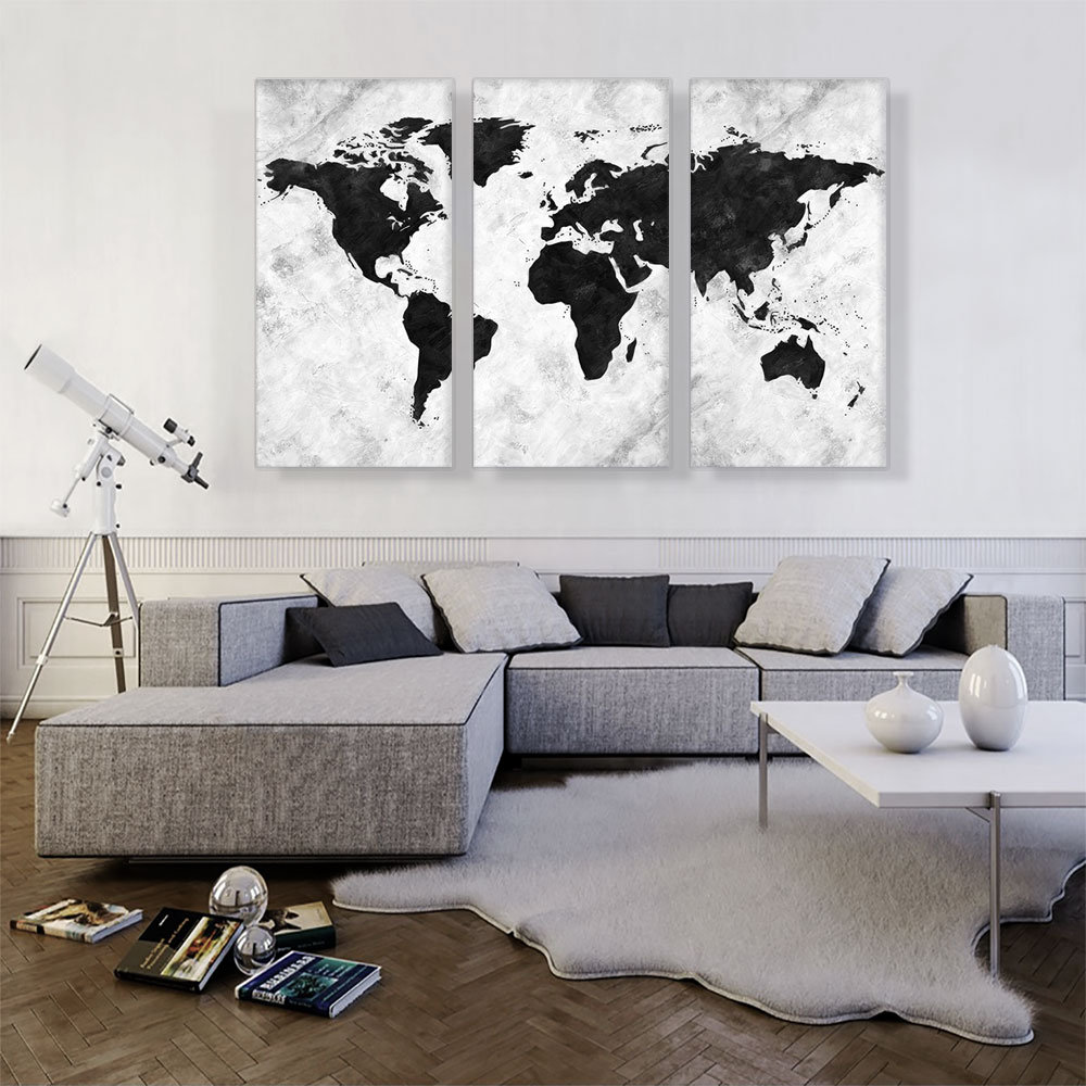 ARTCANVAS Black White World Map - 3 Piece Wrapped Canvas Graphic Art ...