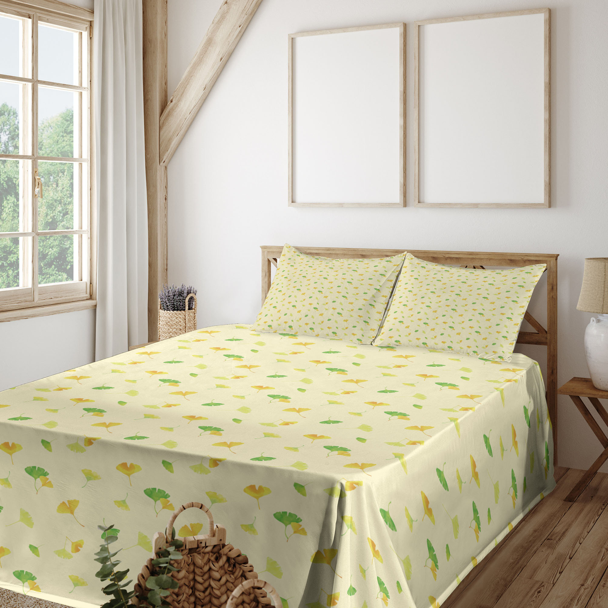 Ambesonne Garden Sheet Set Watercolor Ginkgo Leaves Lime Green and Sand ...