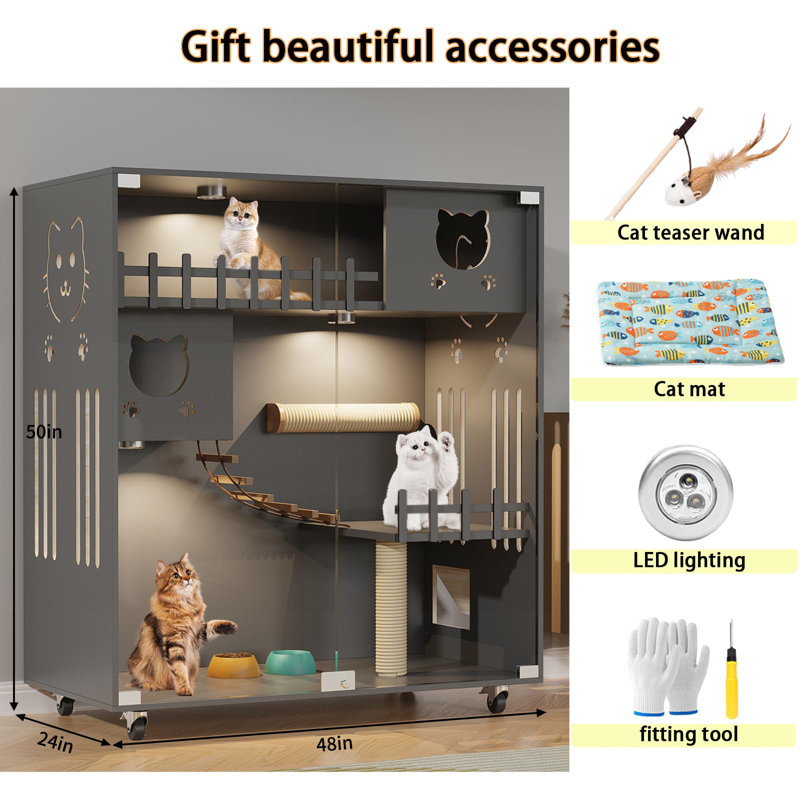 Tucker Murphy Pet™ Fabijan Wooden Cat Villa, Xlarge Cat Enclosure ...