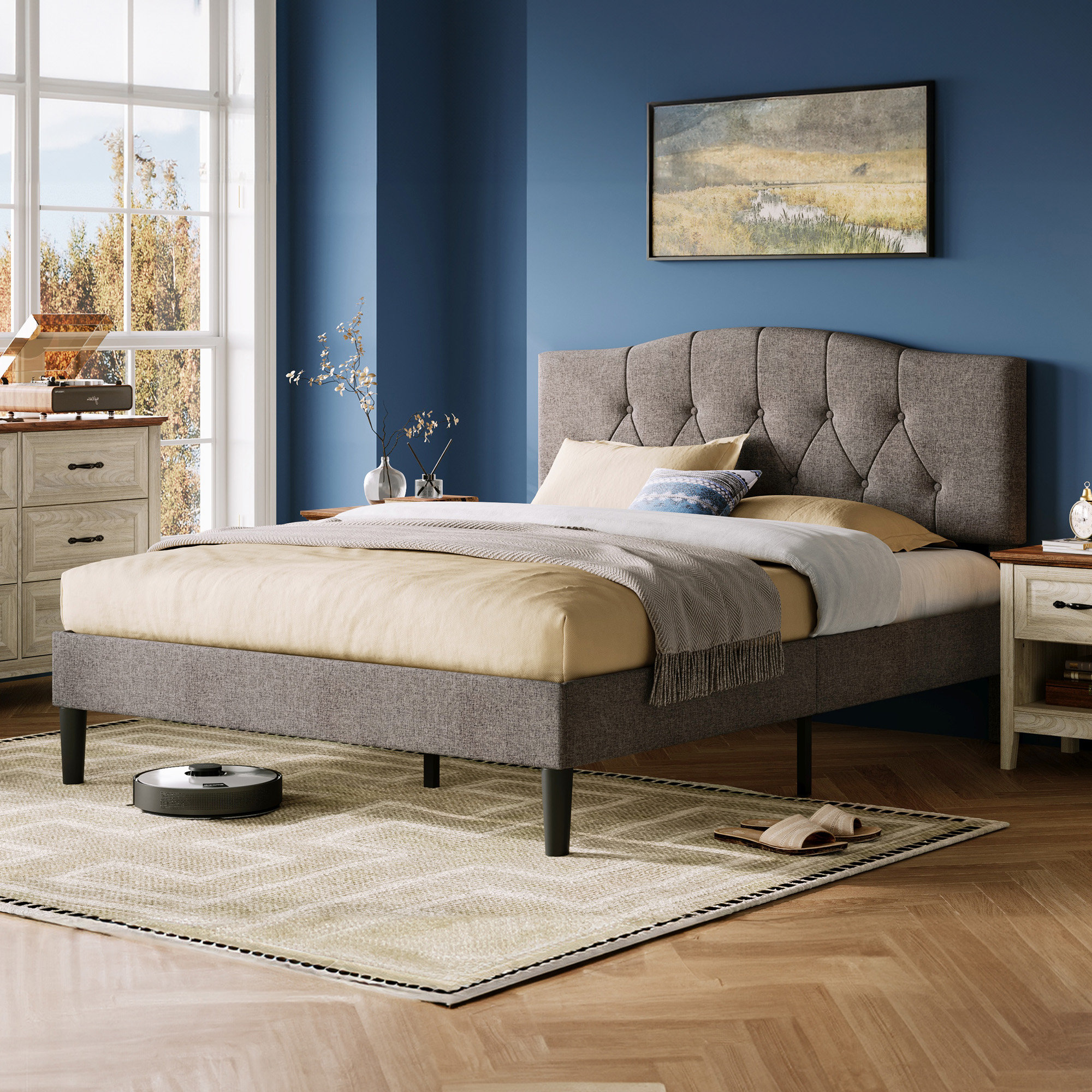 Winston Porter Linen Upholstered Platform Bed Frame & Reviews | Wayfair