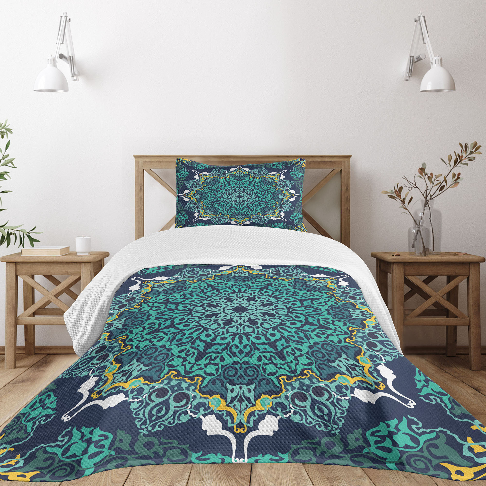 Ambesonne Turkish Pattern Bedspread Set Ottoman Motif Turquoise Dark ...