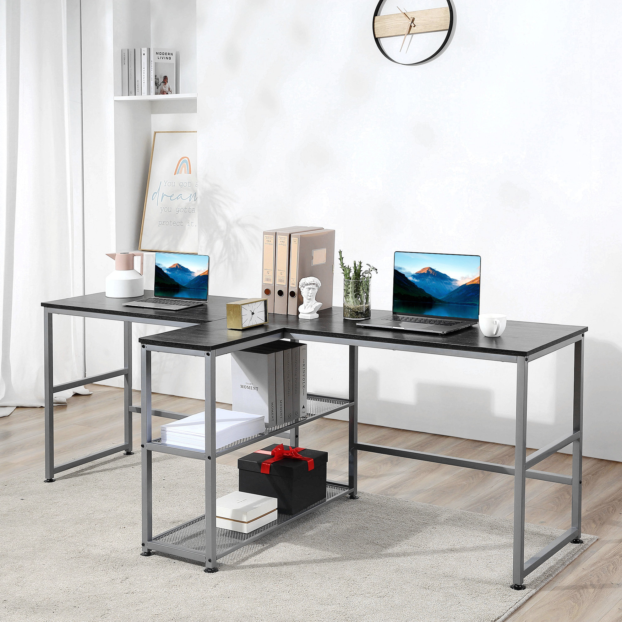 17 Stories 83" Two Person Computer Desk With 2 Storage Shelves, Double ...