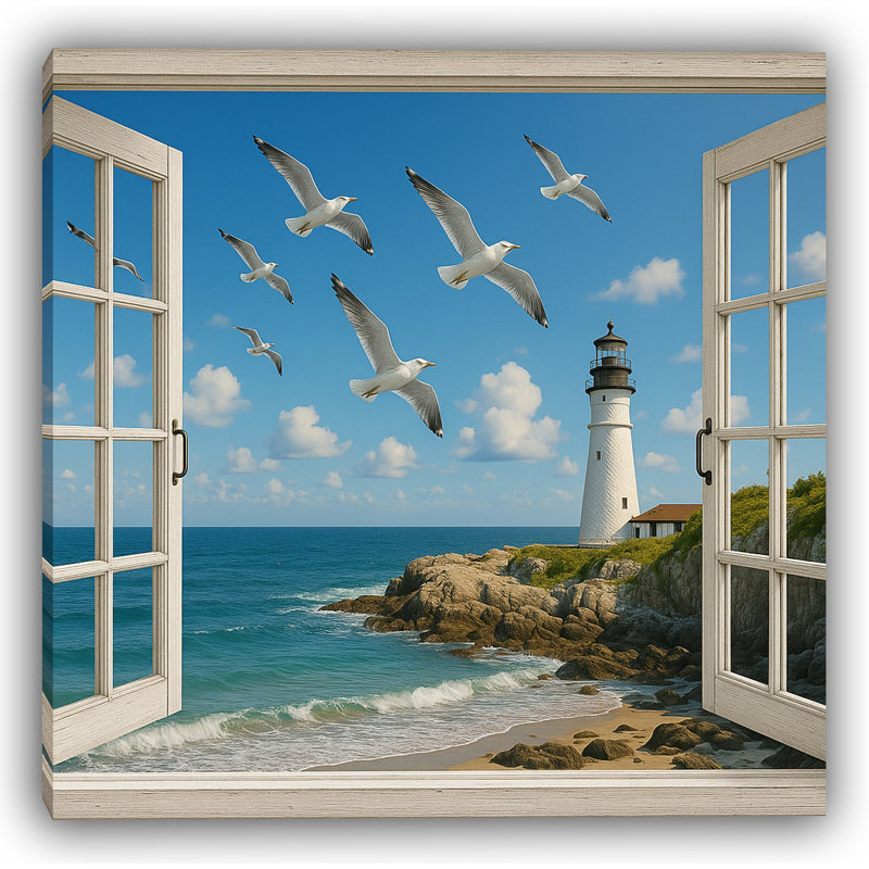 Breakwater Bay Flight Over the Sea – Lighthouse and Seagulls Canvas ...