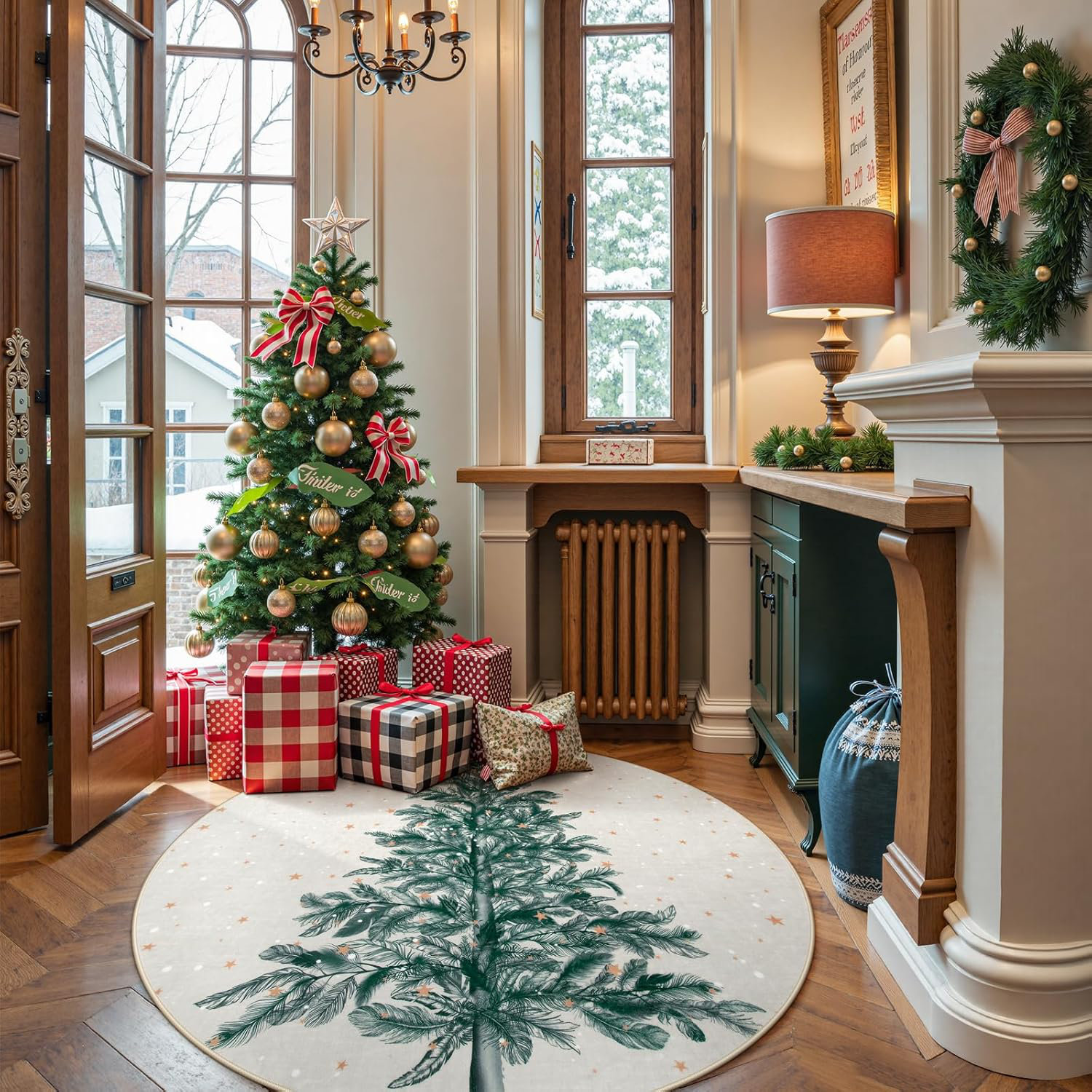 The Holiday Aisle® Christmas Rug Small Washable Beige Kitchen Rug, Non ...