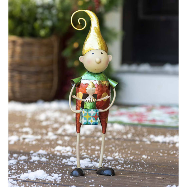 The Holiday Aisle® Metal Elf with Yellow Hat Christmas 3 Piece Statue ...