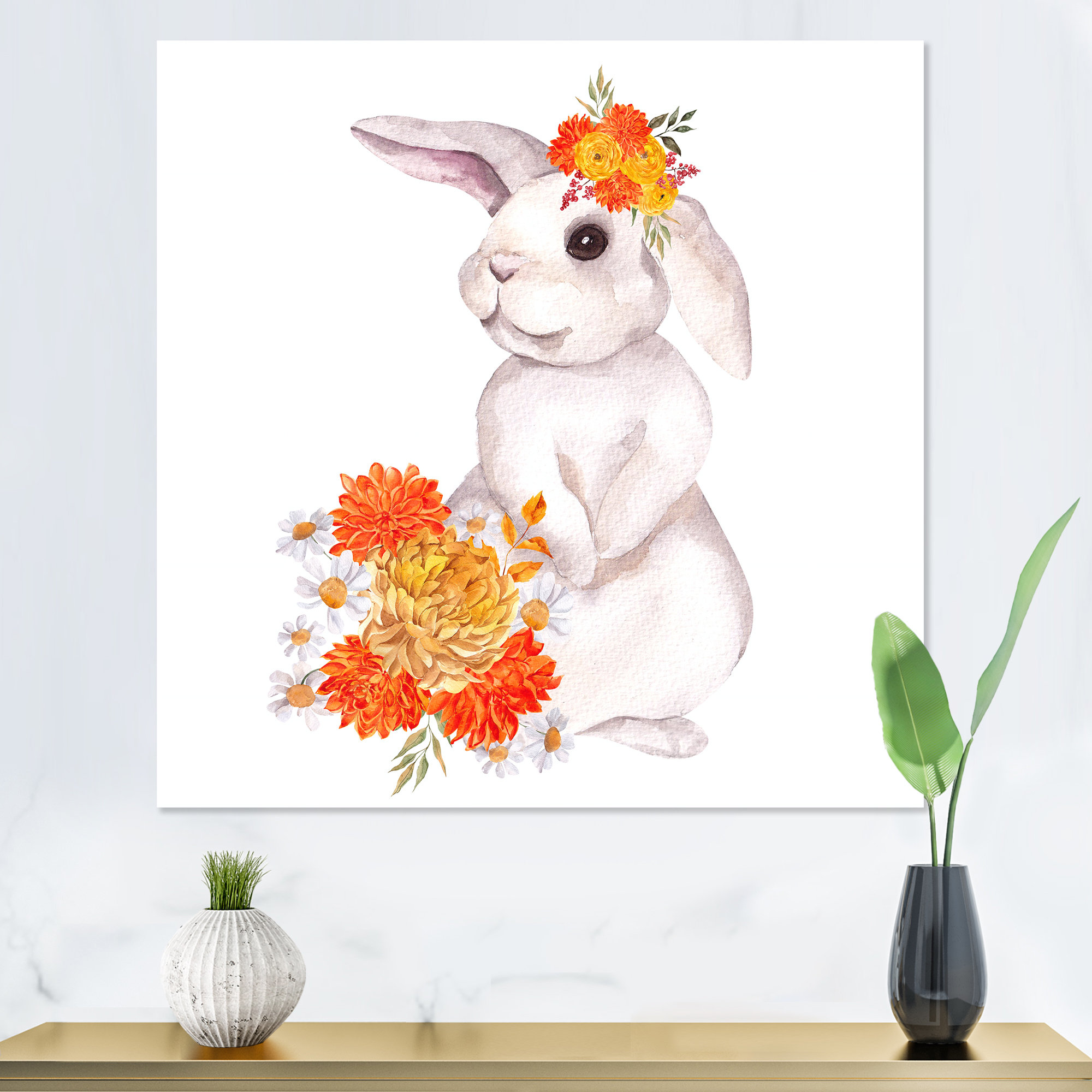 East Urban Home Cute Bunny And Fall Flowers And Leaves II - Traditional ...