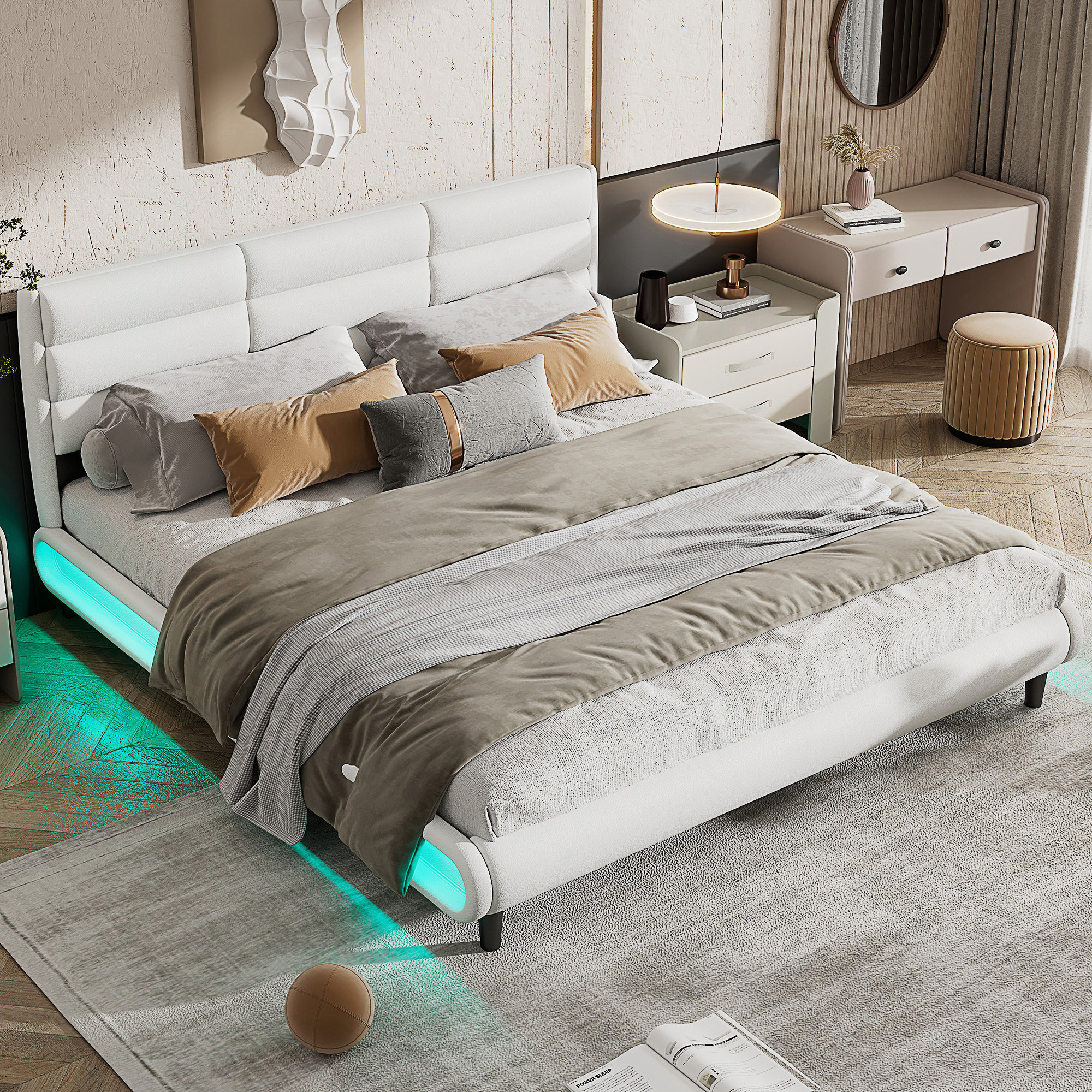 Ebern Designs King Size Upholstered Platform Bed With LED Light Strips ...