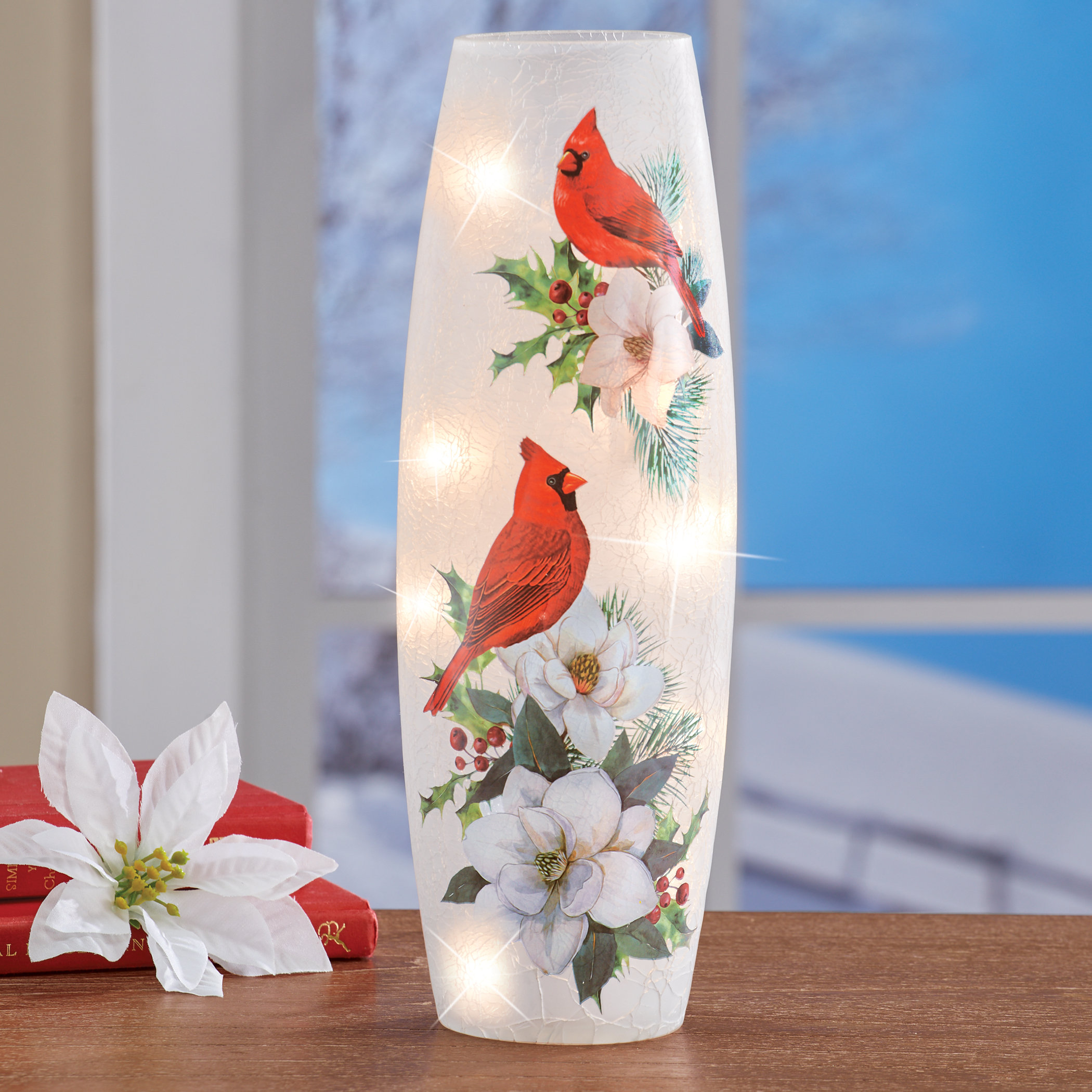 The Holiday Aisle® Winter Floral Cardinal LED Lighted Hurricane Lamp ...