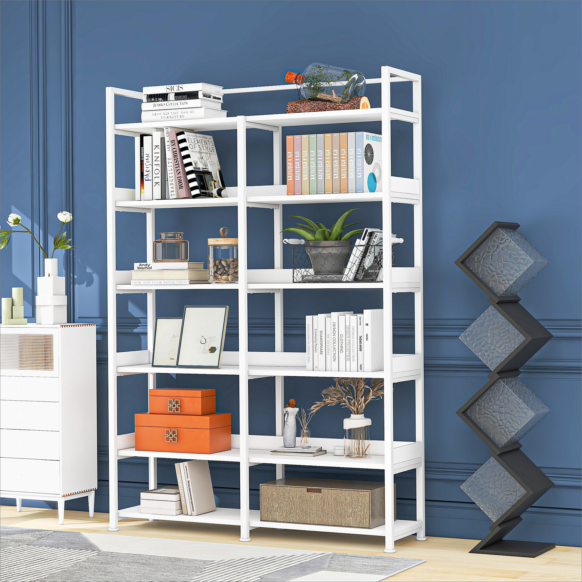 Latitude Run® Tall Bookshelf Stainless Steel Frame, 6-tier Shelves with ...