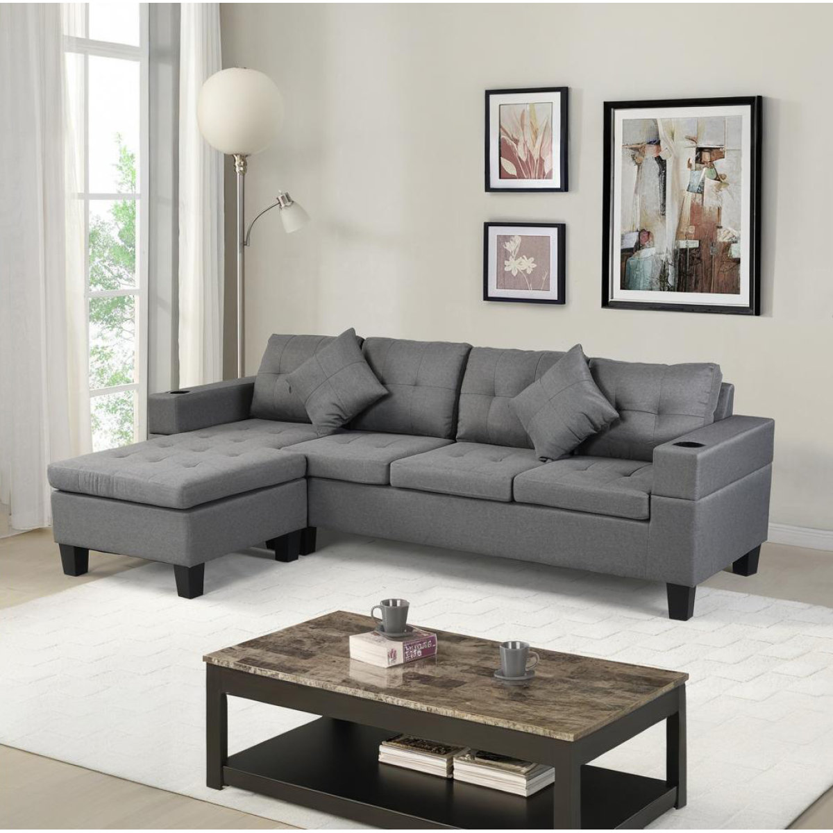 Latitude Run® Sectional Sofa Set With L Shape Chaise Lounge,Cup Holder ...