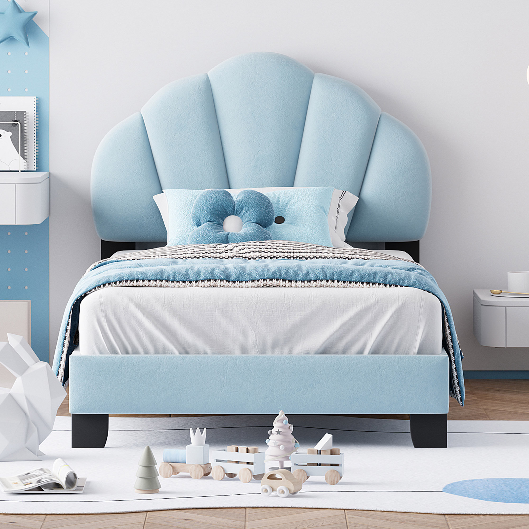 Mercer41 Upholstered Velvet Platform Bed With Shell-Shaped Headboard ...