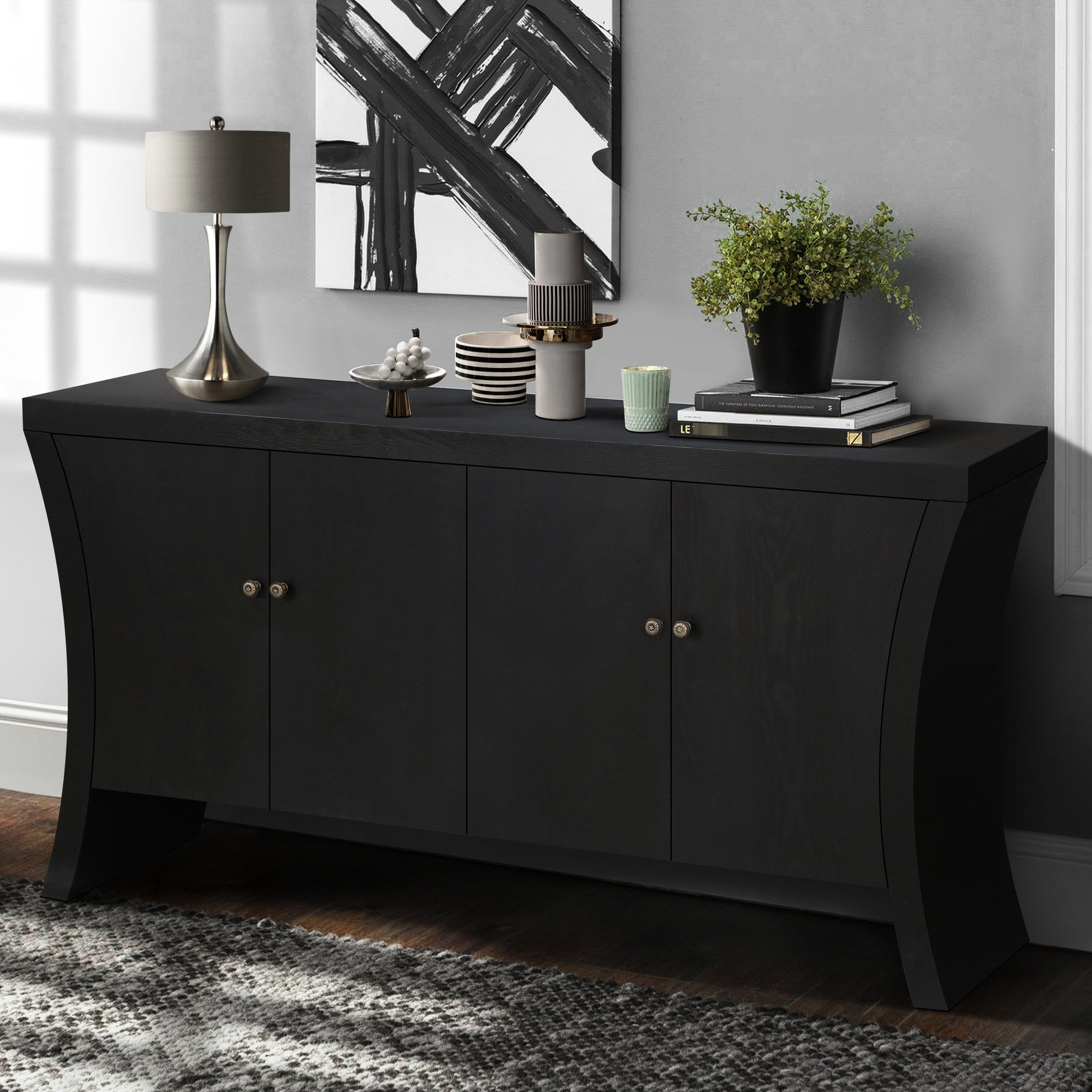 Latitude Run® Navy Blue 4-Door With Wooden Arc Legs & Versatile Storage ...