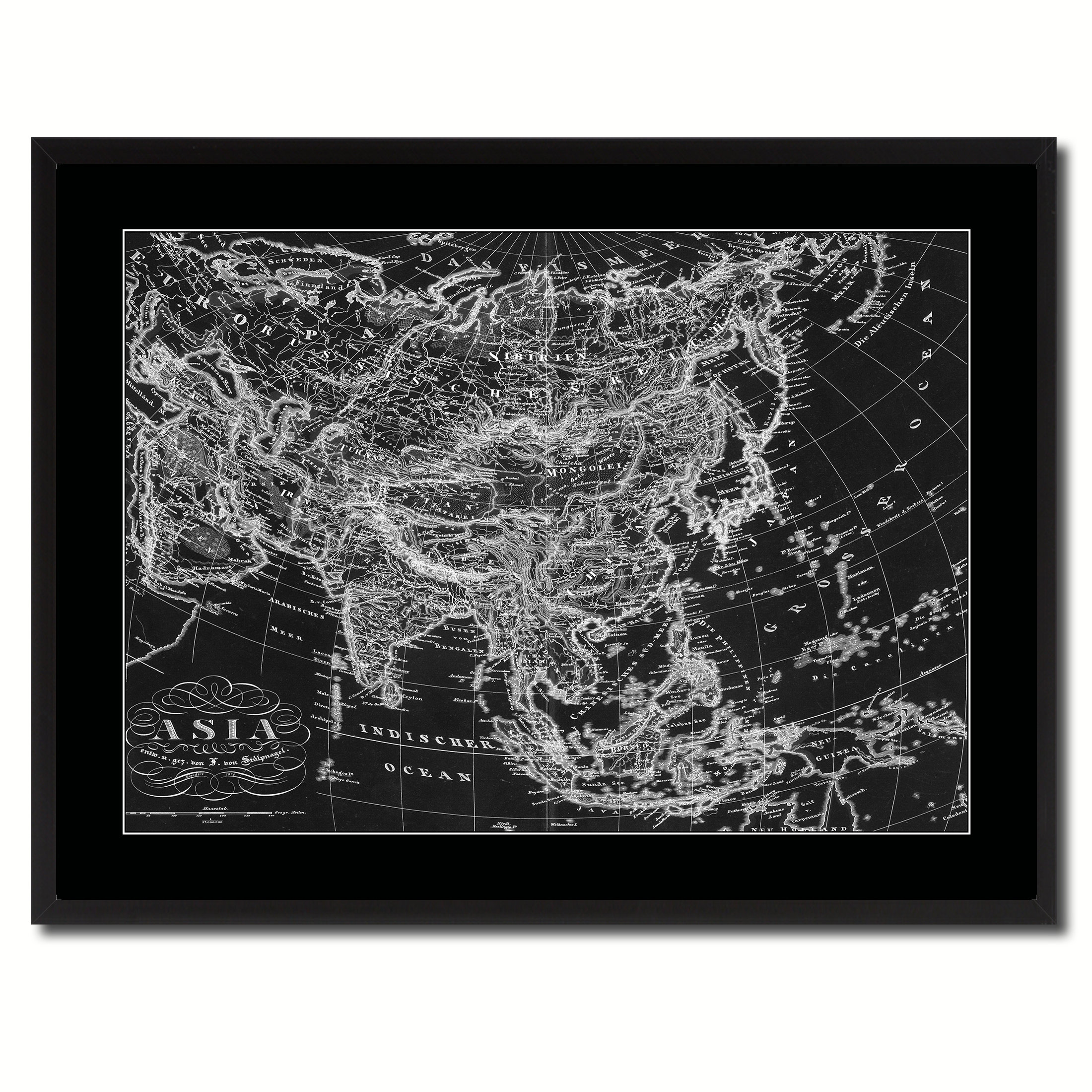 17 Stories Asia Old Monochrome Map Print On Canvas With Black Custom ...