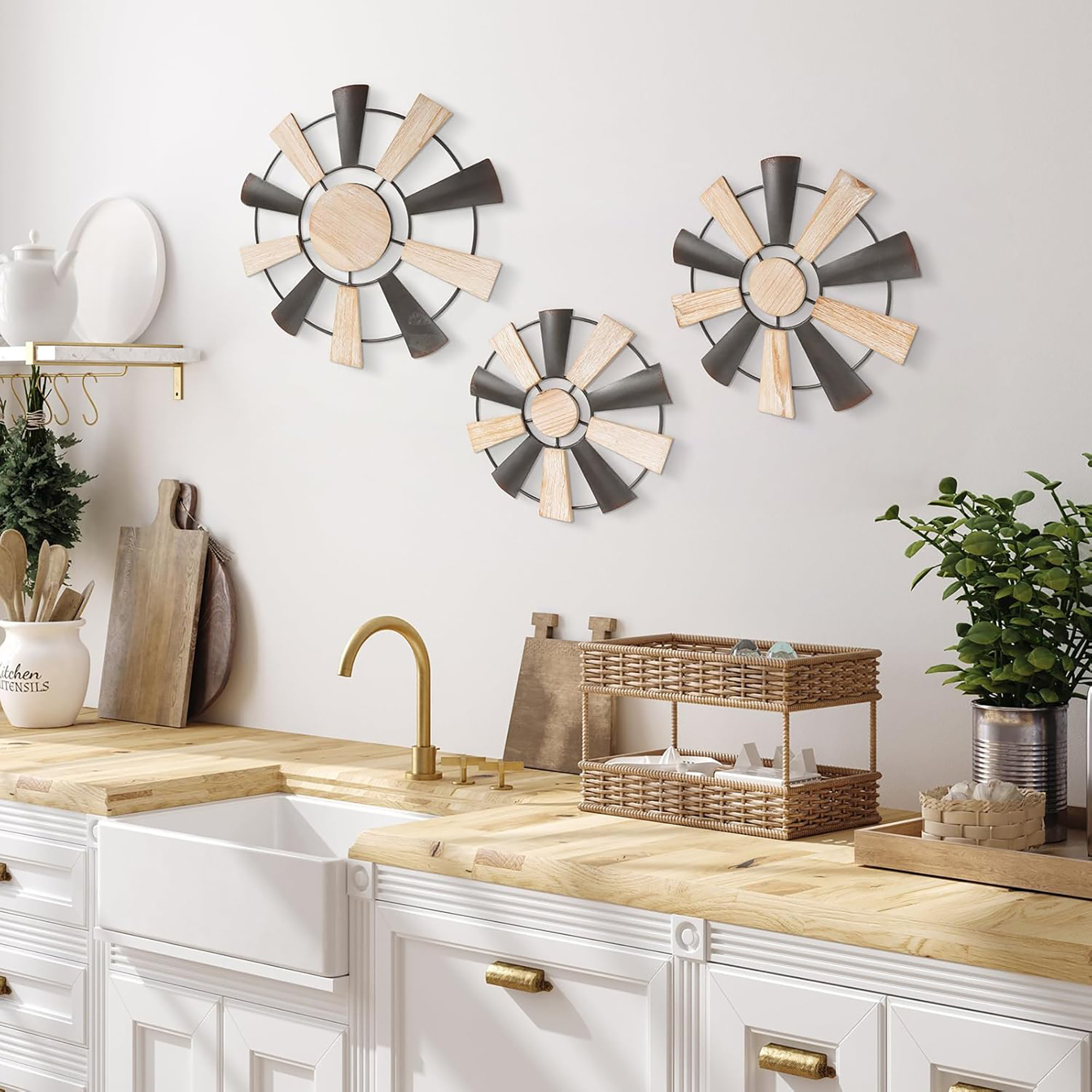 Gracie Oaks Set of 3 Metal Windmill Wall Decor | Wayfair