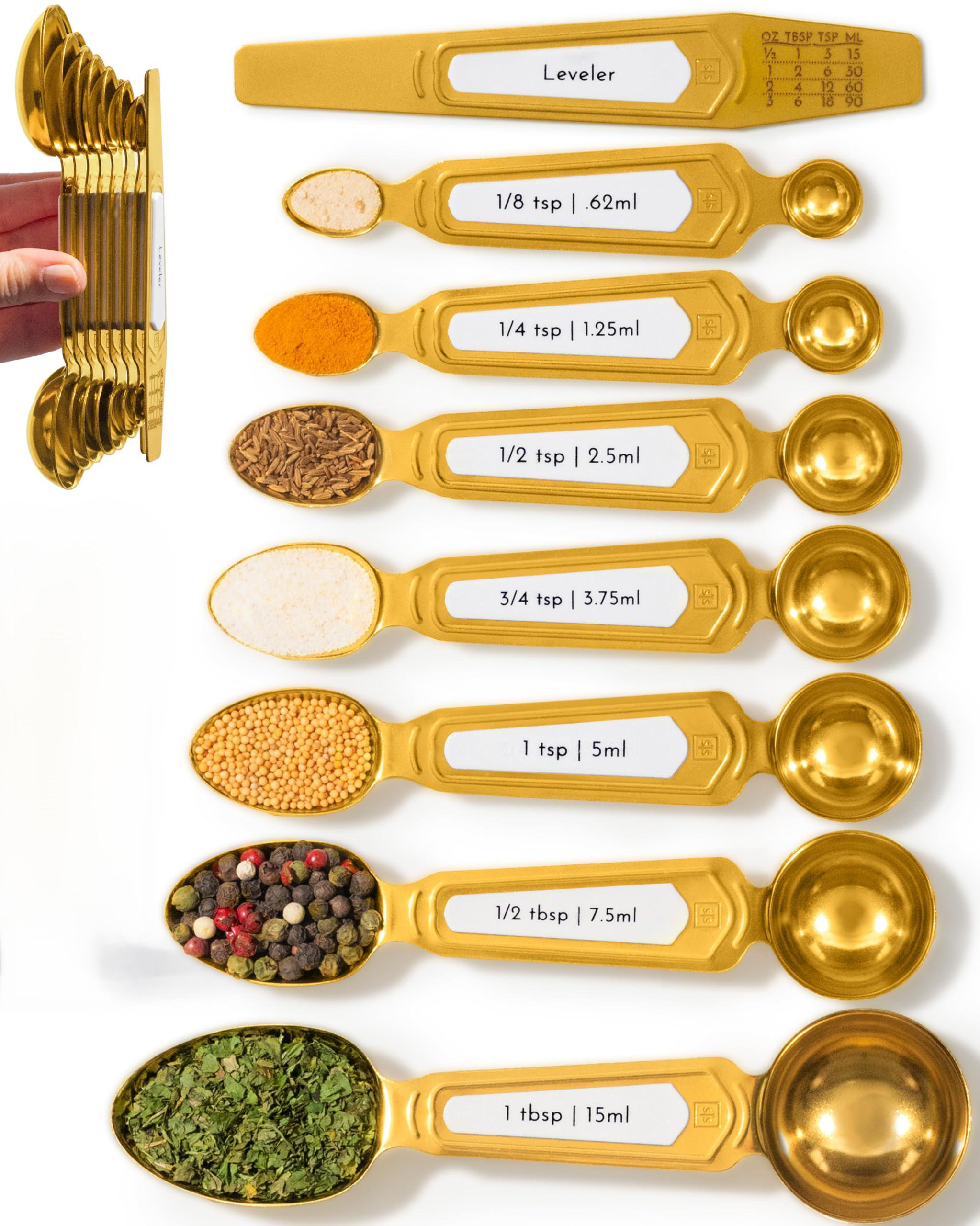 BOJUNTAN White And Gold Measuring Spoons With Leveller - Featuring 8PC ...