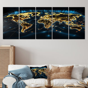 17 Stories Golden Radiant Map Of The World - World Map Wall Art Decor 5 ...