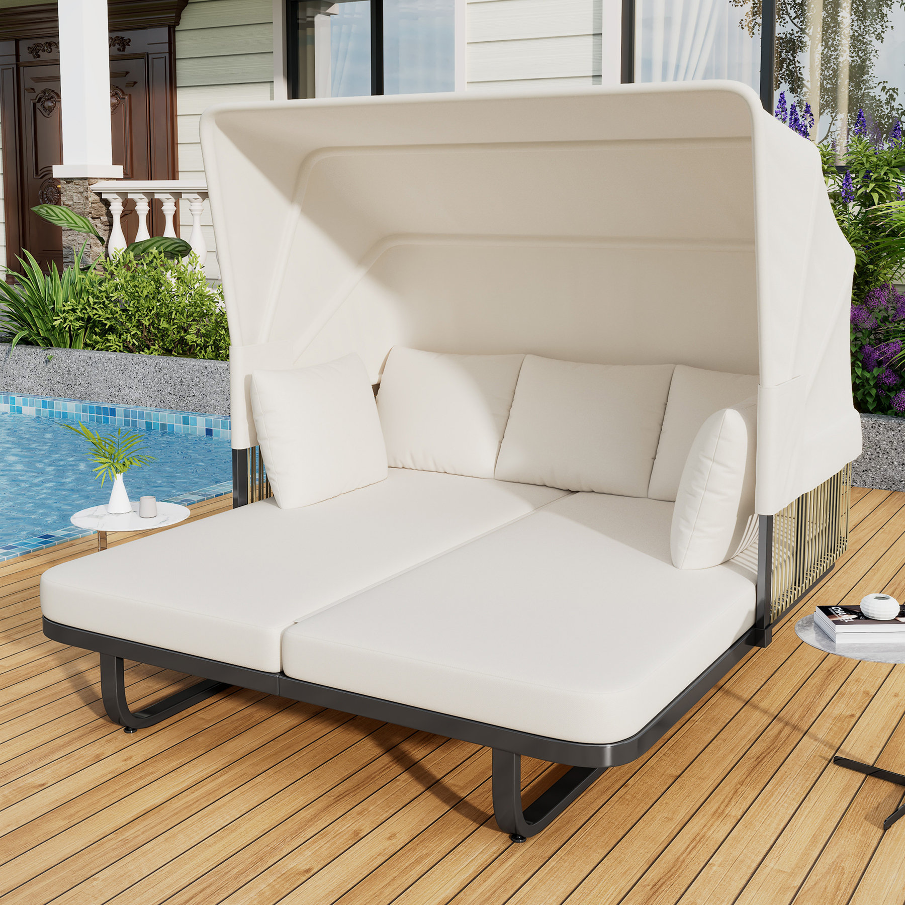 Hokku Designs 57" Outdoor Patio Daybed Rattan Daybed Outdoor Sunbed ...