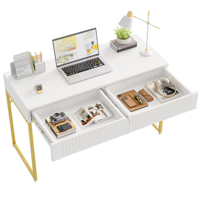 Mercer41 47''Elegant Fluted Computer Desks with 2 Drawers,Modern White ...