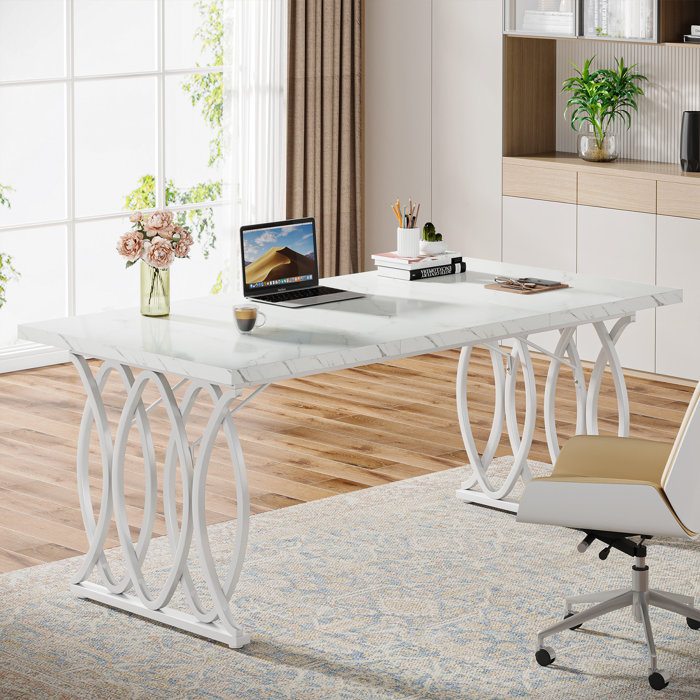 Mercer41 Rielee Marble Look Top Metal Base Executive Desk | Wayfair