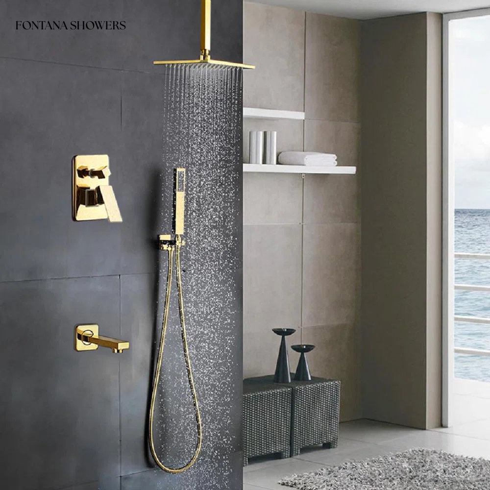 FontanaShowers L'aquila Gold-Tone Brass Ceiling Mount Shower Set with ...