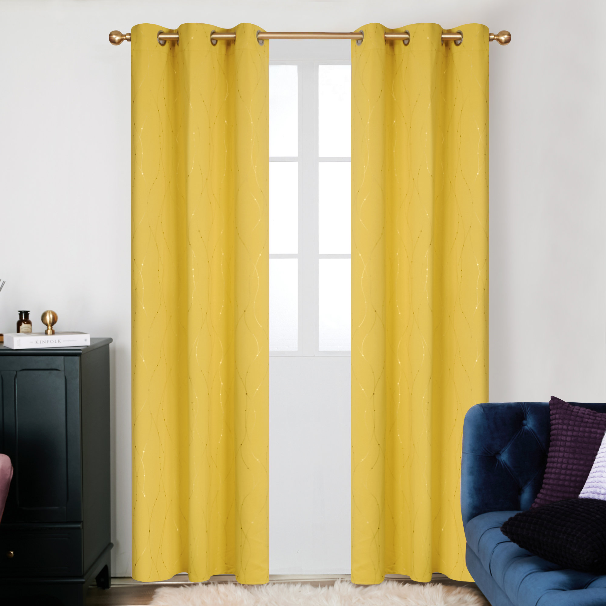 Ebern Designs Gold Wave Line And Dots Printed Blackout Grommet Curtains ...