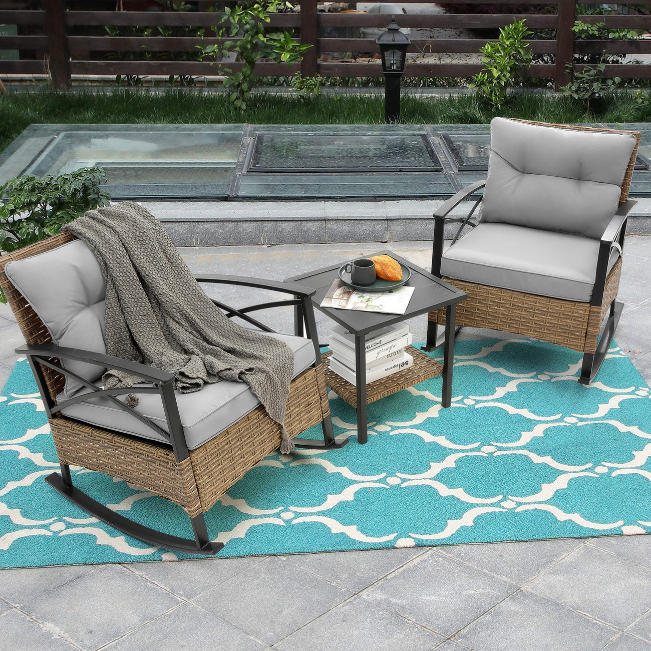Winston Porter 3Pcs Rocking Rattan Set Leisure Chair Outdoor Rattan ...
