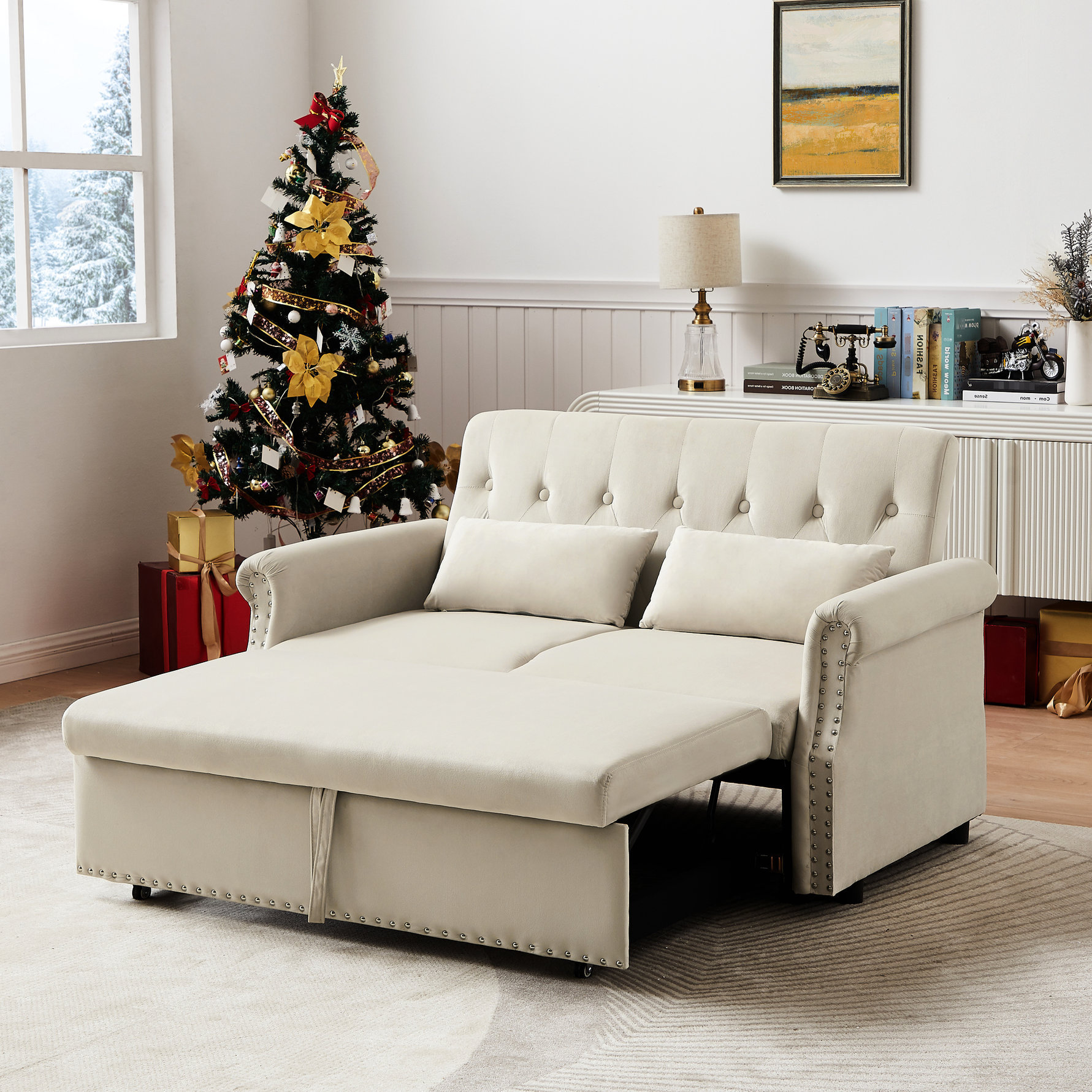 Ebern Designs Velvet Convertible Couch. 55'' Size, Pull-out Bed Feature ...