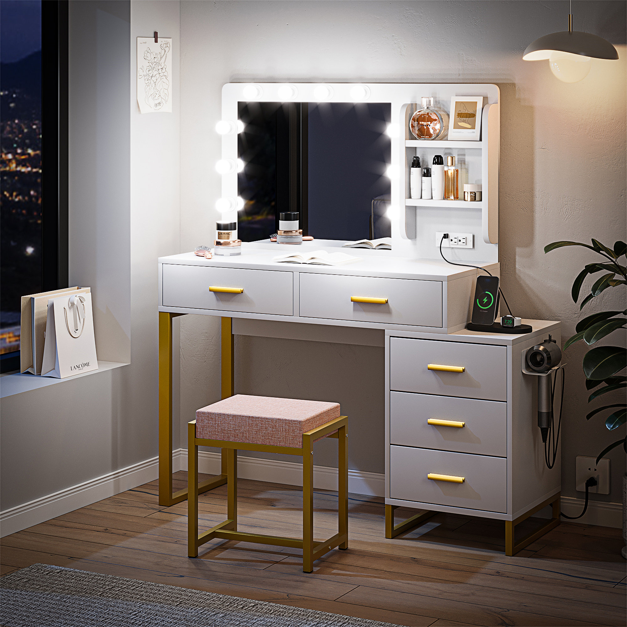 Mercer41 Makeup Vanity Desk With Power Strip | Wayfair