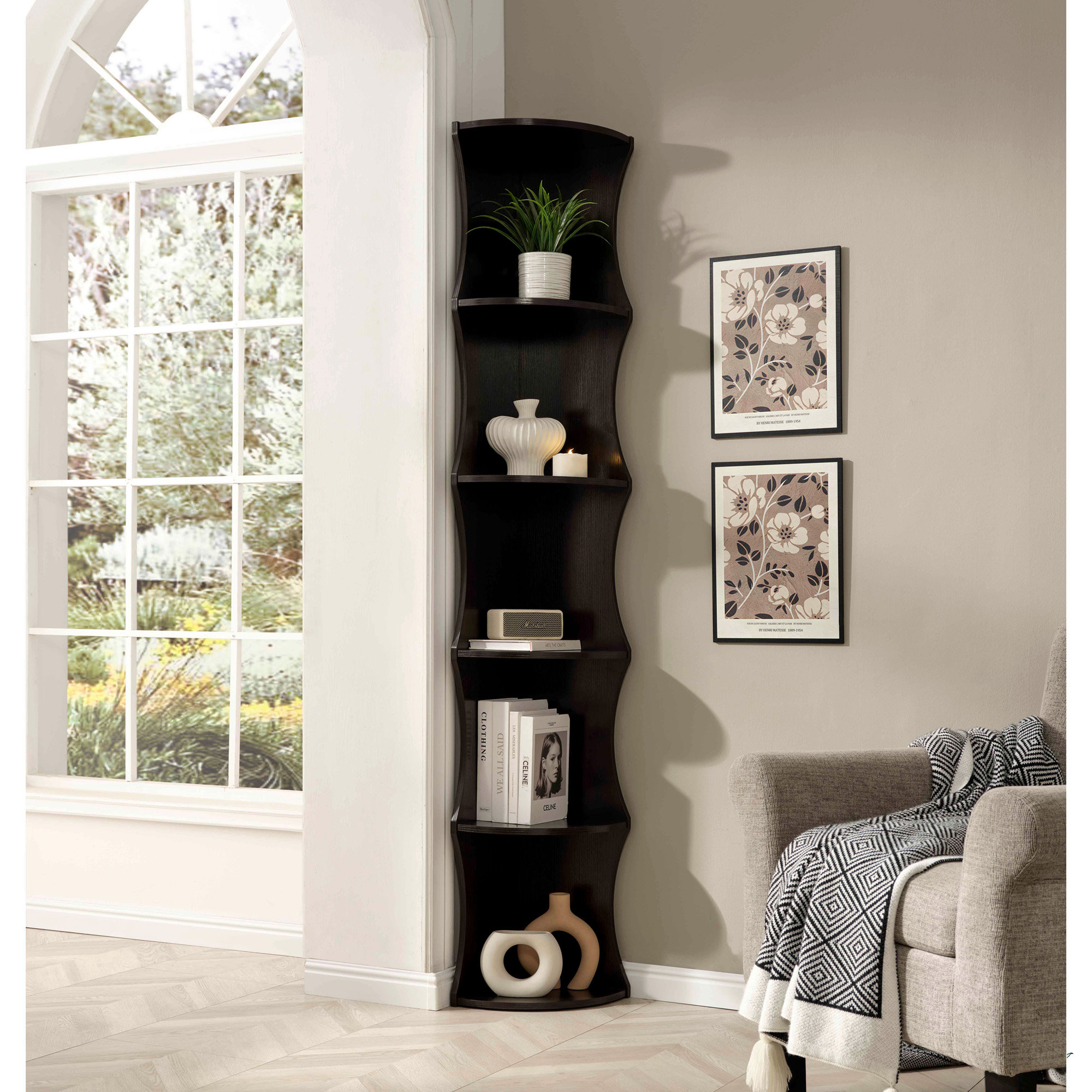 Ebern Designs Five Shelf Corner Bookcase Rounded Shelf Fronts Quarter ...