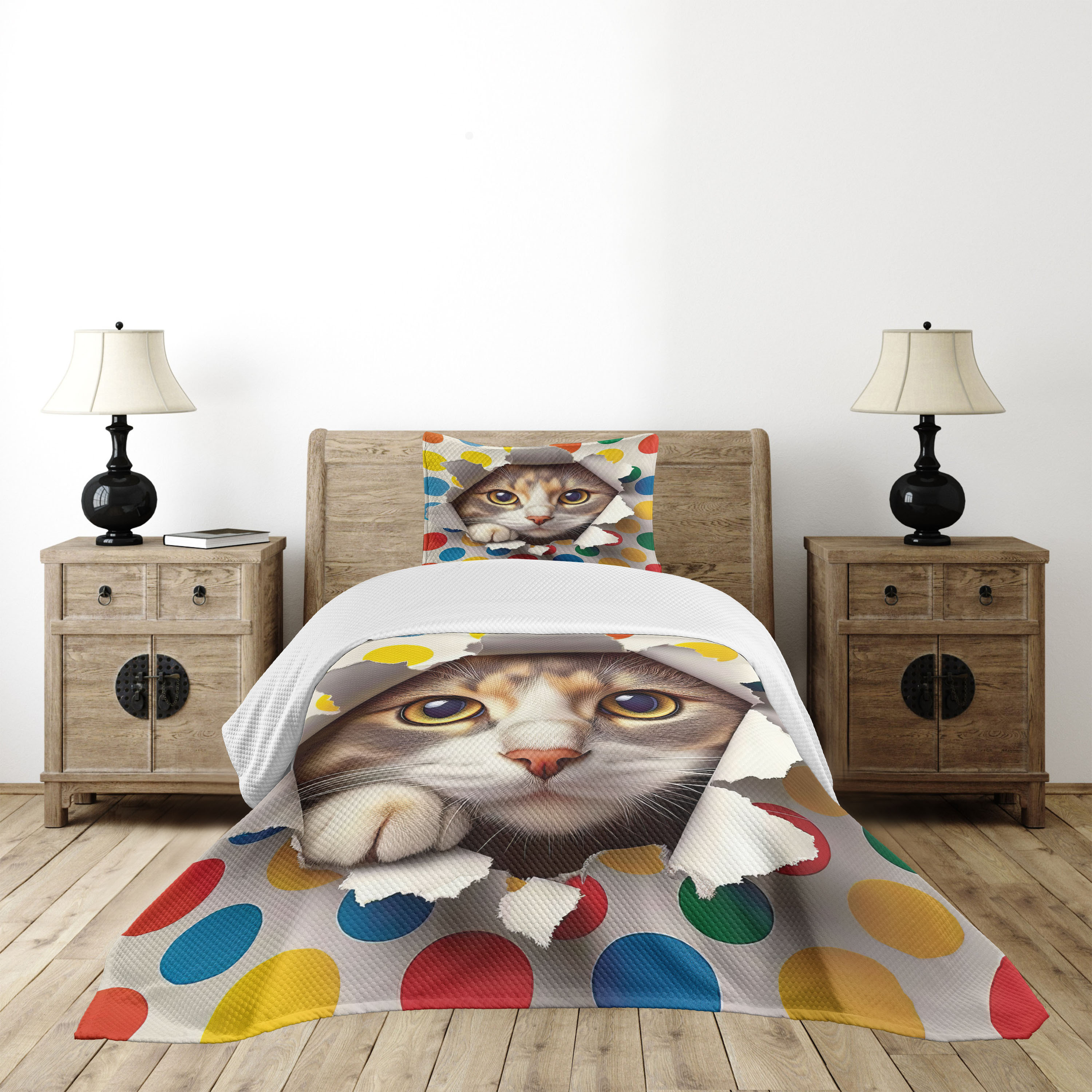 Ambesonne Cat Bedspread Mischief Kitty Pea Dots 429904 | Wayfair