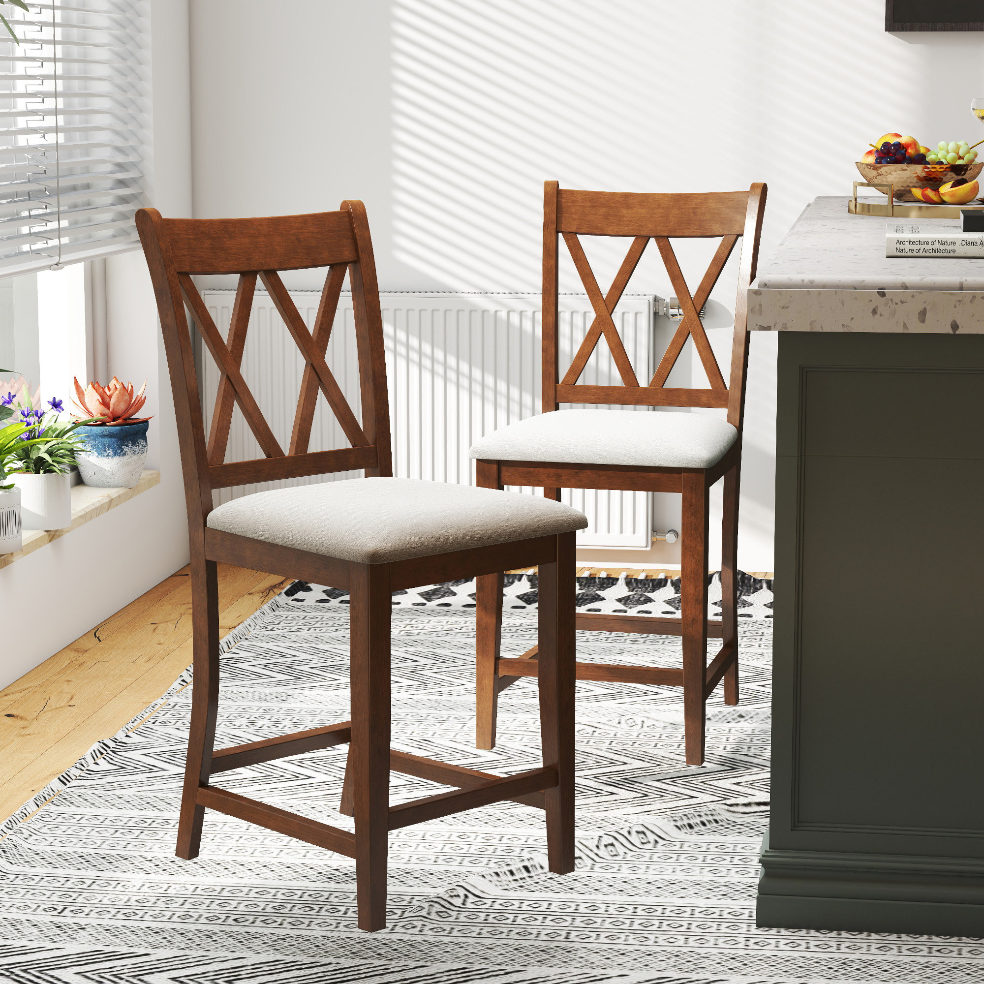 Ophelia & Co. X-Back Solid Wood Fabric Upholstered Bar & Counter Stool ...