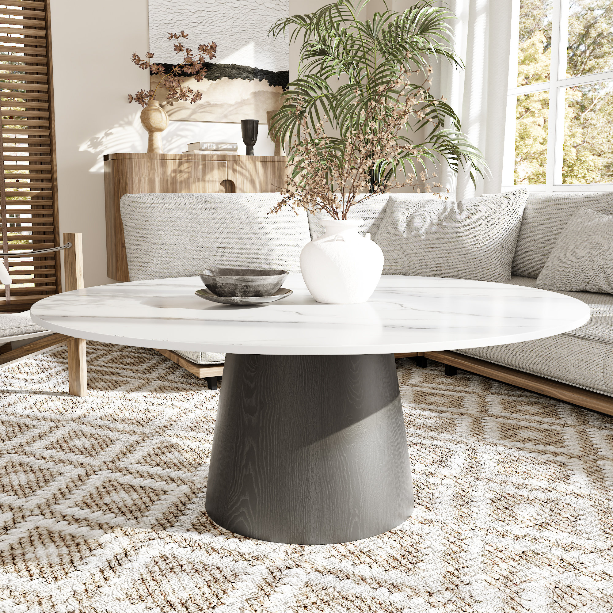 Brayden Studio® Modern Round Glossy Stone Coffee Table Living Room ...