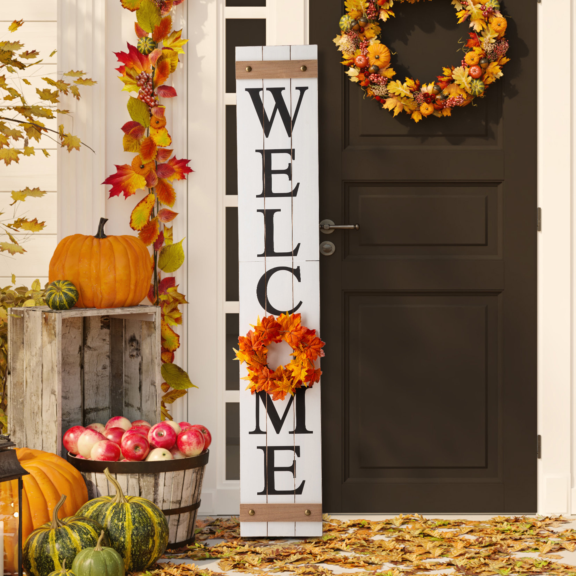 Gracie Oaks 60"H Wooden Welcome Porch Sign, With 4 Changable Wreathes ...