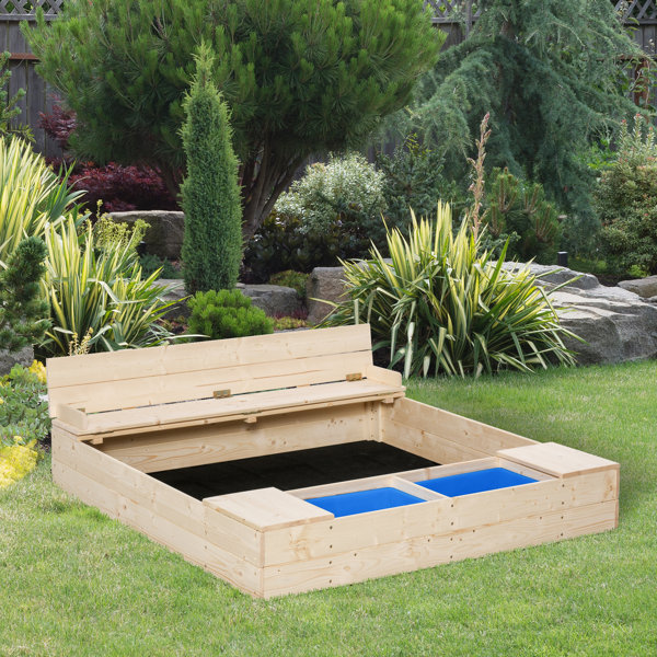 Outsunny Kids Wooden Sandbox W/ 2 Side Buckets Convertible Bench Seat ...