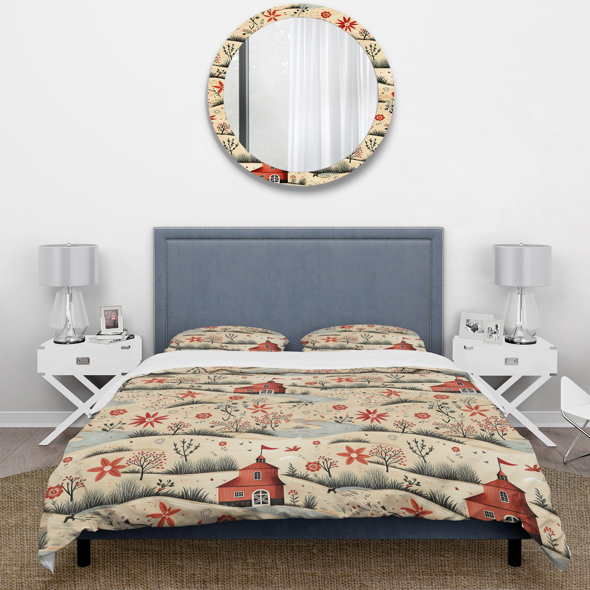 Design Art Red Rustic Floral Barnyard Church Charm Duvet Cover Set ...