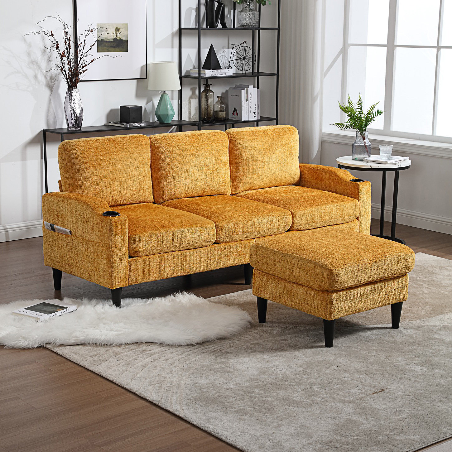 Ebern Designs Living Room Sofa With Two Cup Holders And Footstool ...