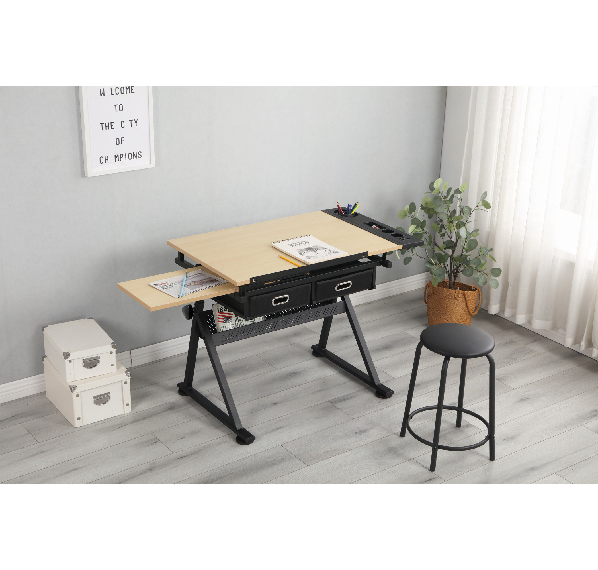 Ebern Designs Desk,Adjustable Drawing Drafting Table Desk With 2 ...