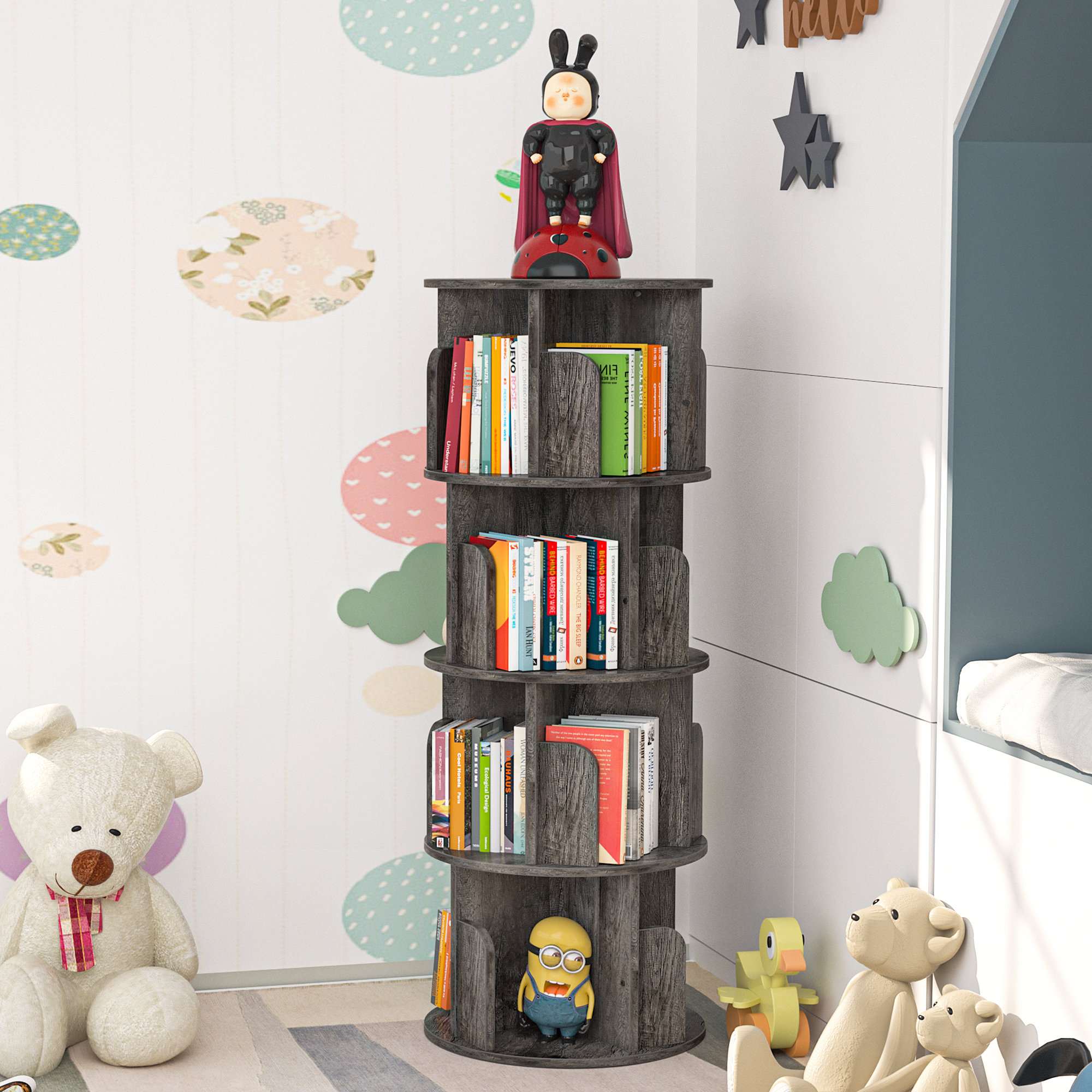 Ebern Designs Hadumoth Rotating Bookcase 4 Tier 360° Revolving Floor ...