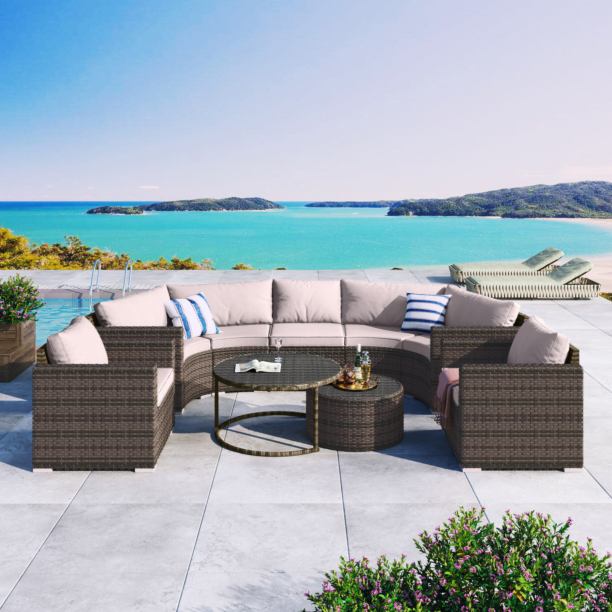 Dovecove 9-Pieces Outdoor Half-Moon Patio Sofa Set, Round Sofa Set ...