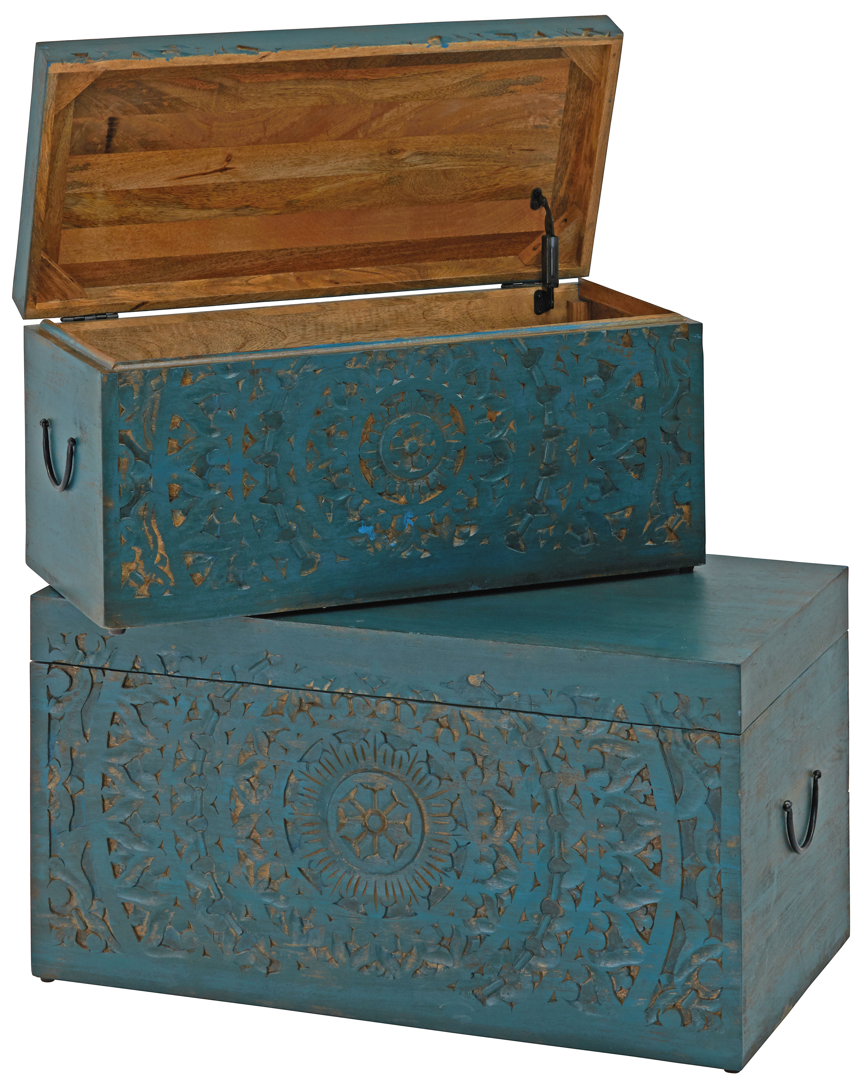 Bungalow Rose Carved Lace Trunks Set Of 2 Turquoise Green Finish | Wayfair