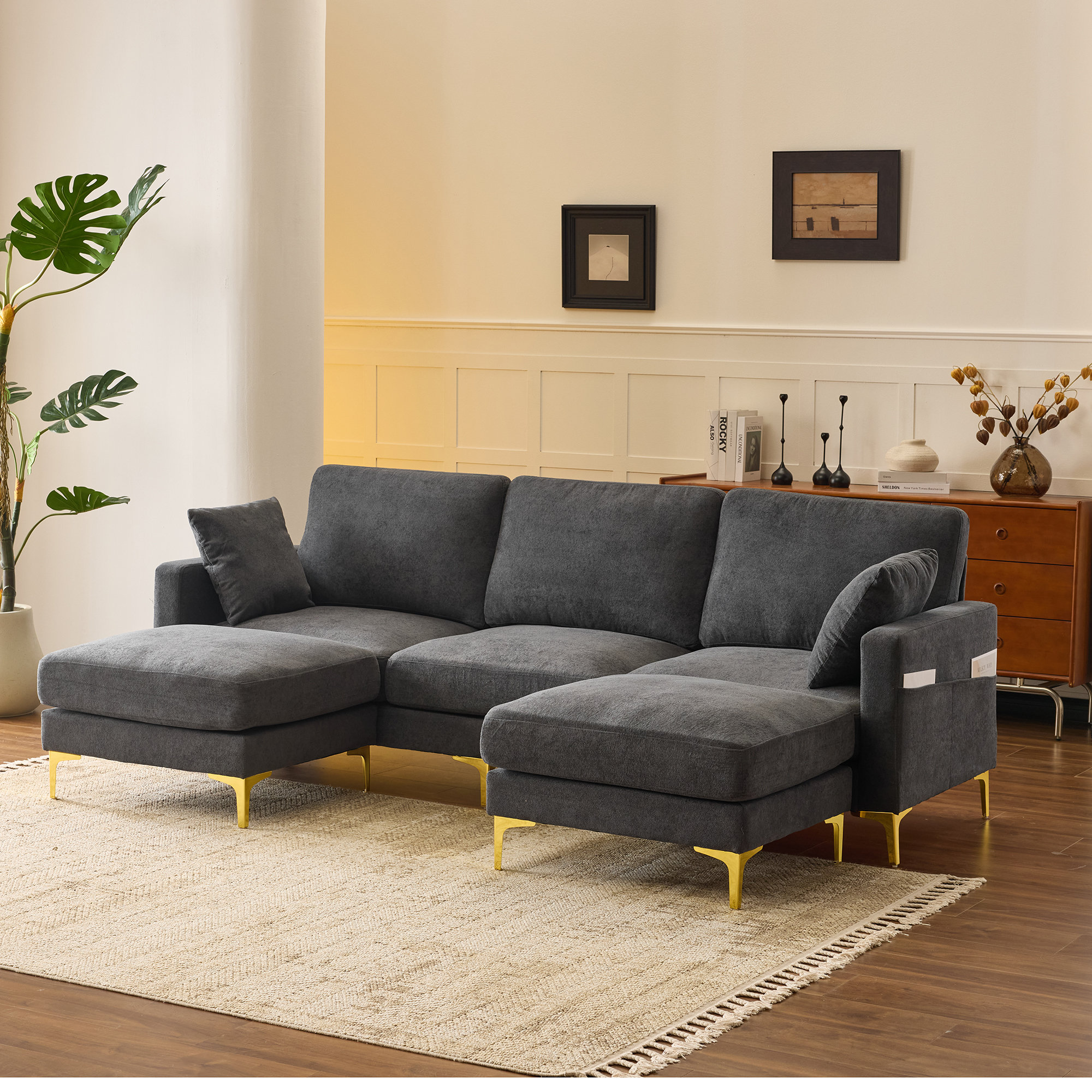 Latitude Run® Chenille U-Shaped Square Couch With 2 Ottoman And Side ...
