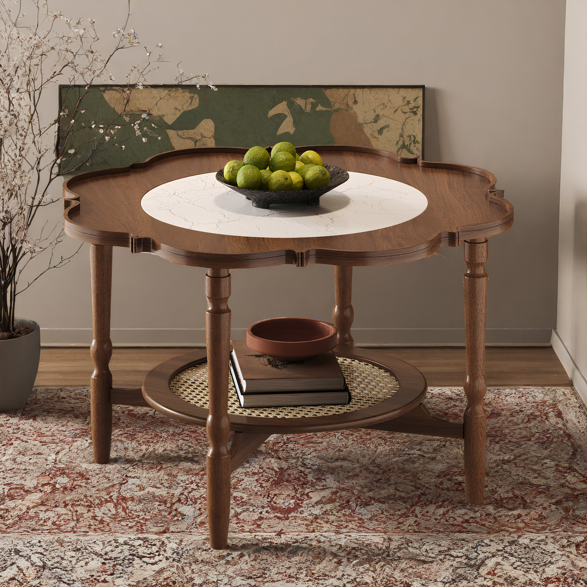 Alcott Hill® Petal-Shape Coffee Table with Crackle Glass & Rattan Shelf ...